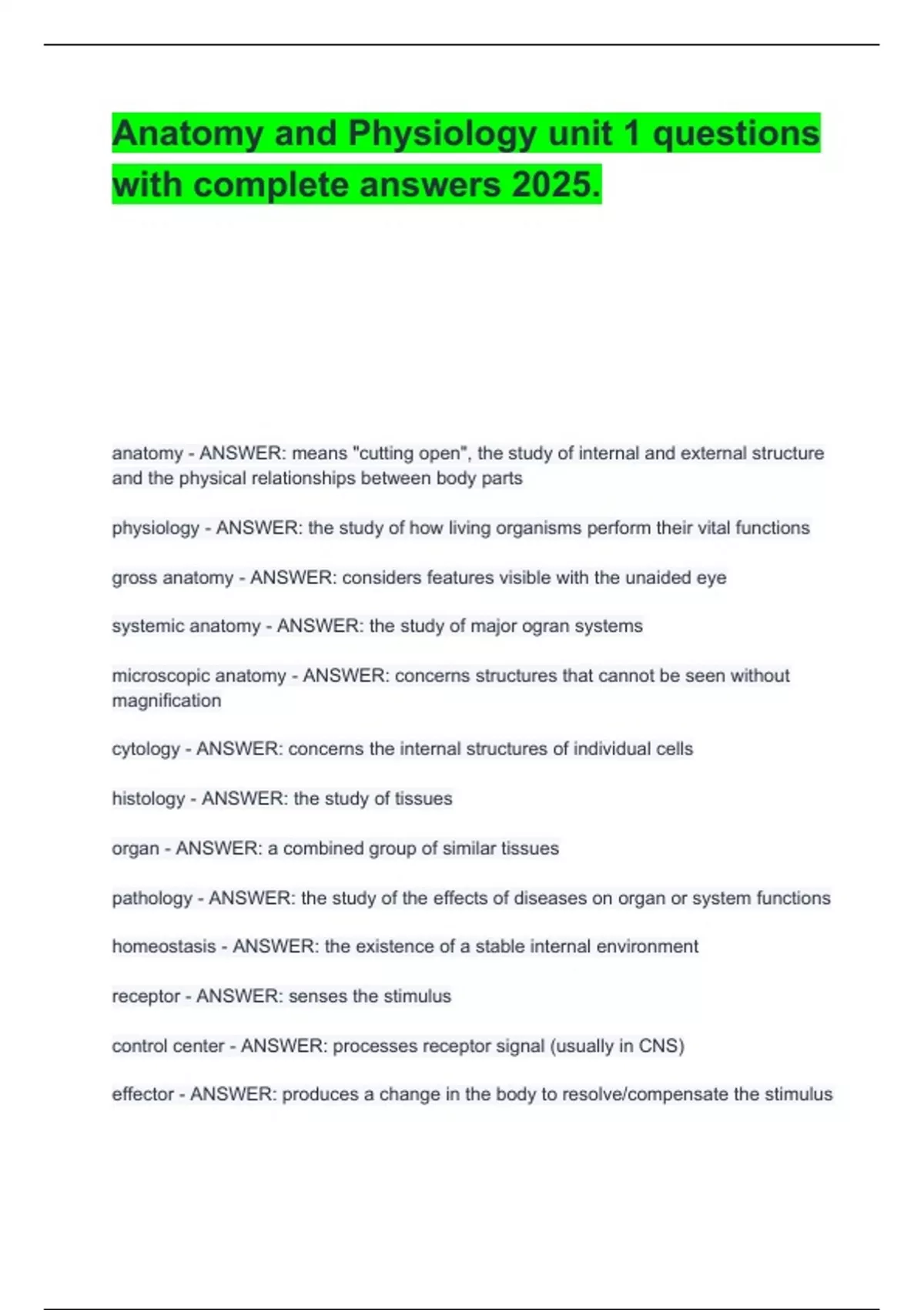 Anatomy and Physiology unit 1 questions with complete answers 2025 ...