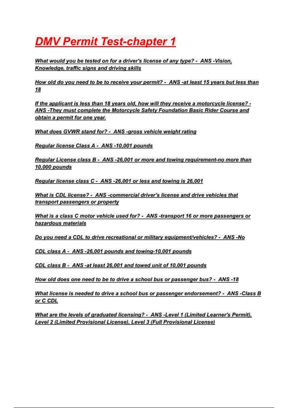 DMV Permit Test-chapter 1 Questions with complete solutions latest 2025 ...