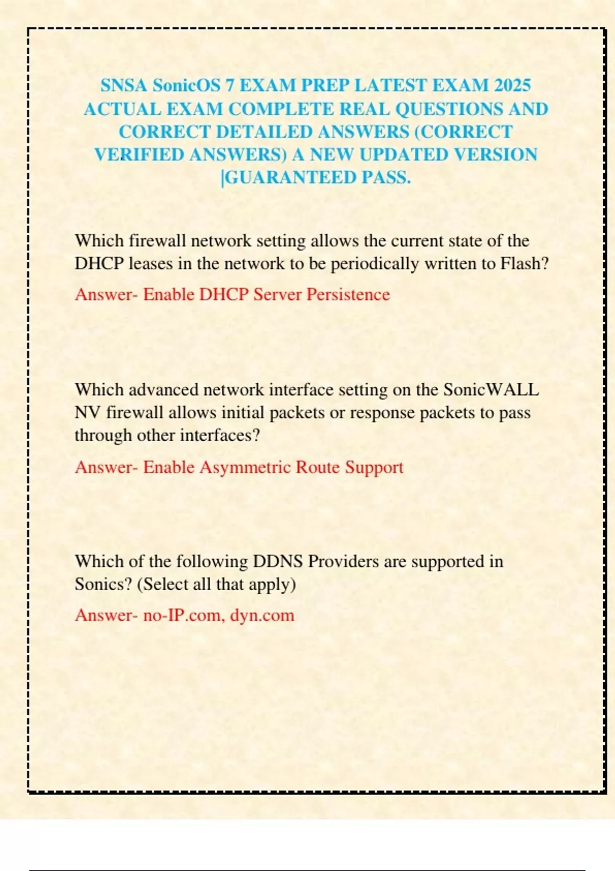 SNSA SonicOS 7 EXAM PREP LATEST EXAM 2025 ACTUAL EXAM COMPLETE REAL ...