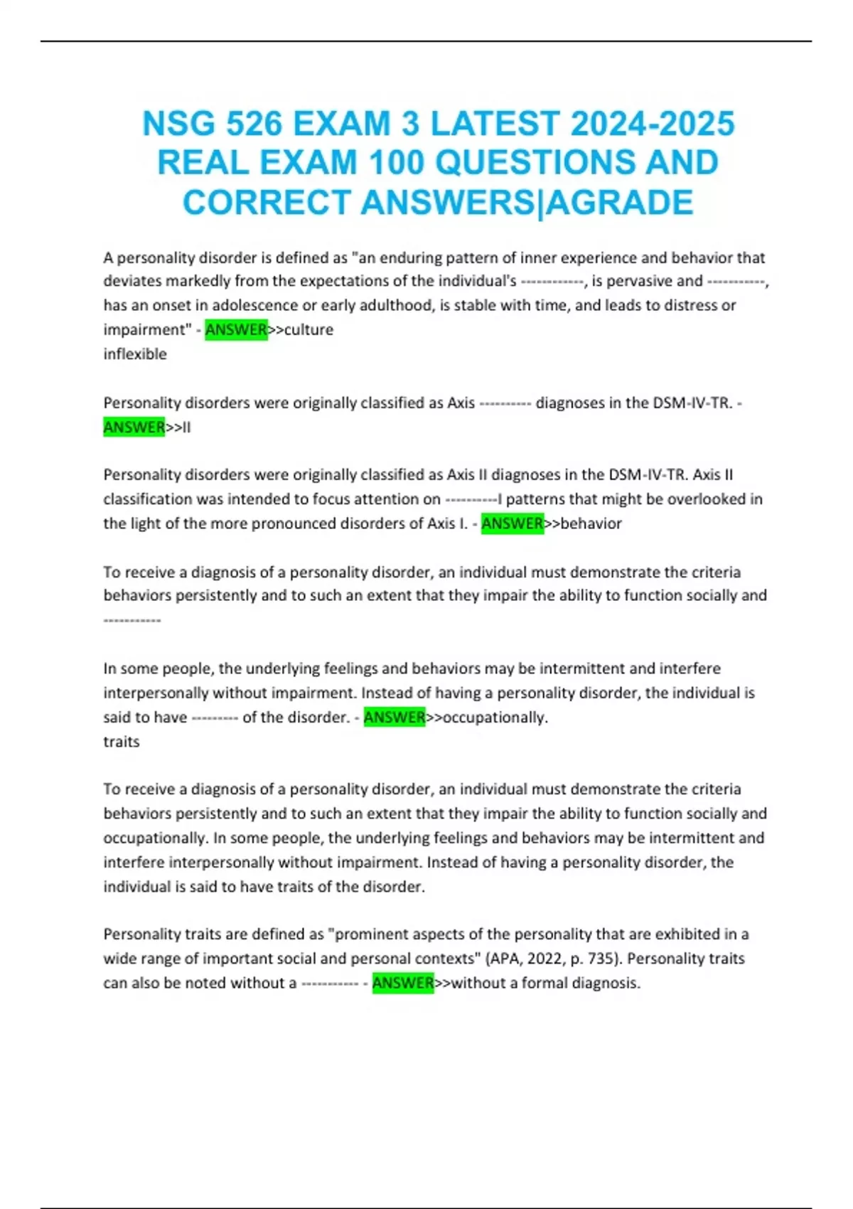 NSG 526 EXAM 3 LATEST 2025 - NSG - Stuvia US