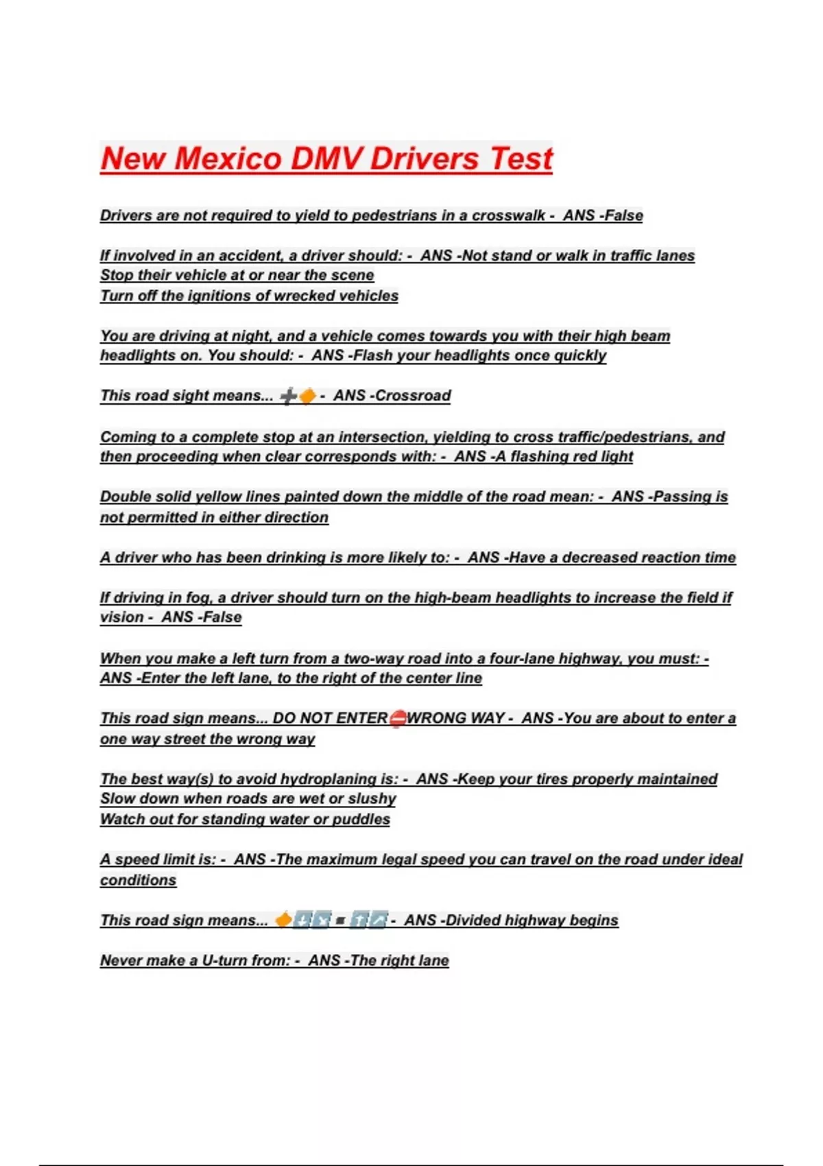 New Mexico DMV Drivers Test Questions with correct Answers 2025/2026 ...