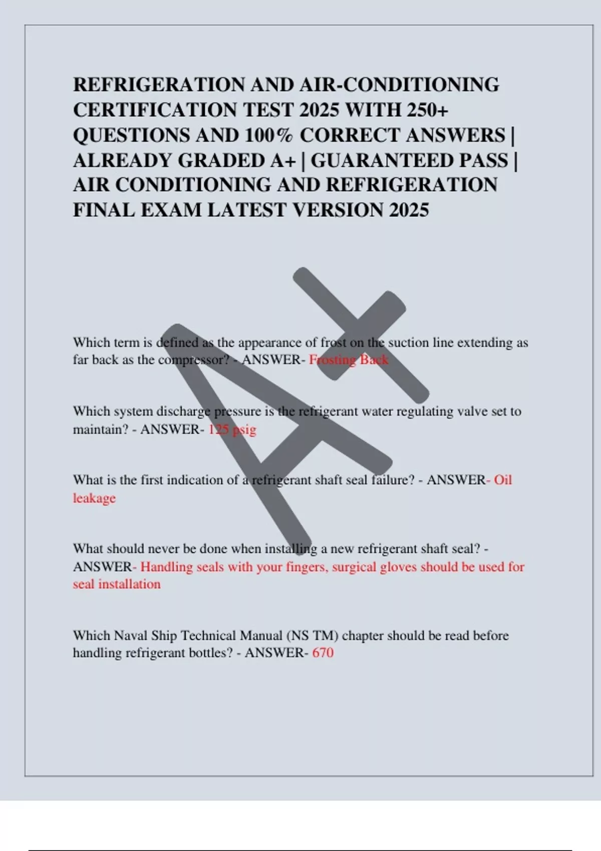 REFRIGERATION AND AIR-CONDITIONING CERTIFICATION TEST 2025 WITH 250 ...