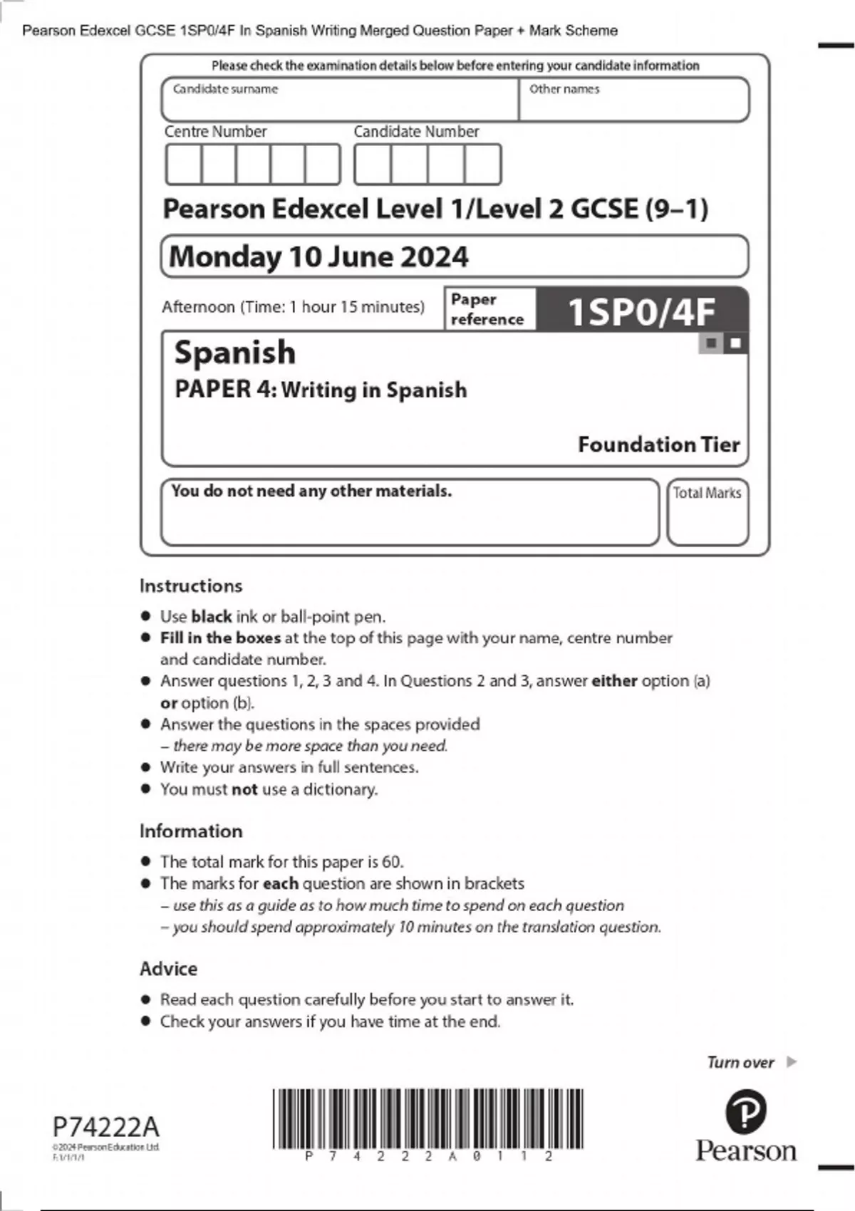 Pearson Edexcel GCSE 1SP0/4F In Spanish (1SP0) Paper 4F Writing Merged ...