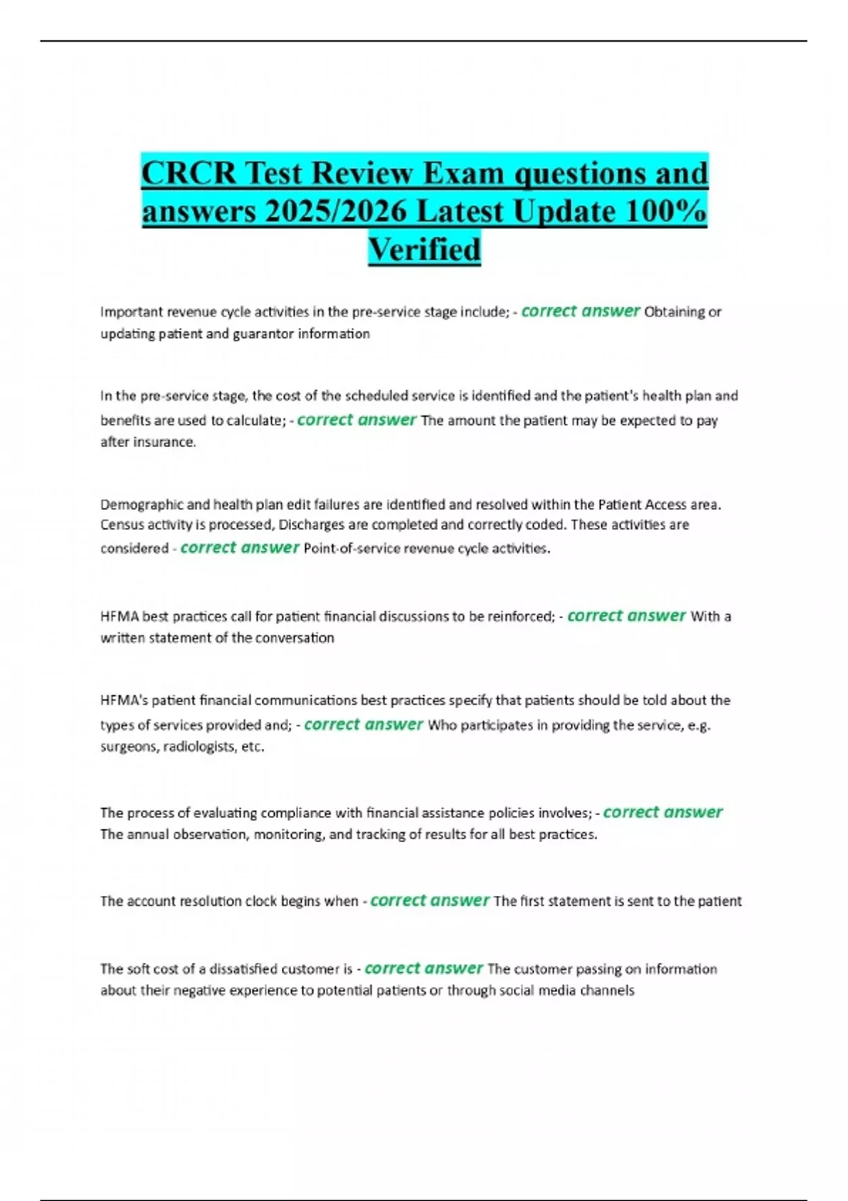 CRCR Test Review Exam questions and answers 2025/2026 Latest Update 100 ...