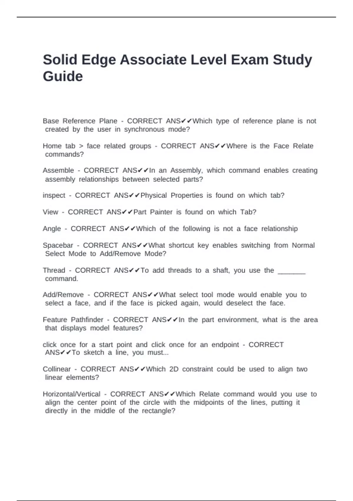 Solid Edge Associate Level Exam Study Guide - SOLID EDGE ASSOCIATE - Stuvia US