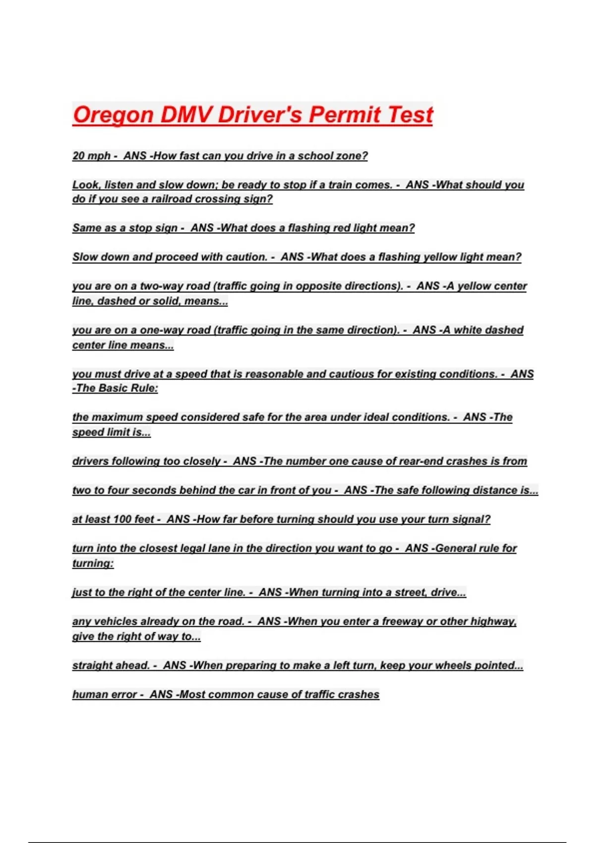 Oregon DMV Driver's Permit Test Questions and Answers 2025/2026( A+ ...