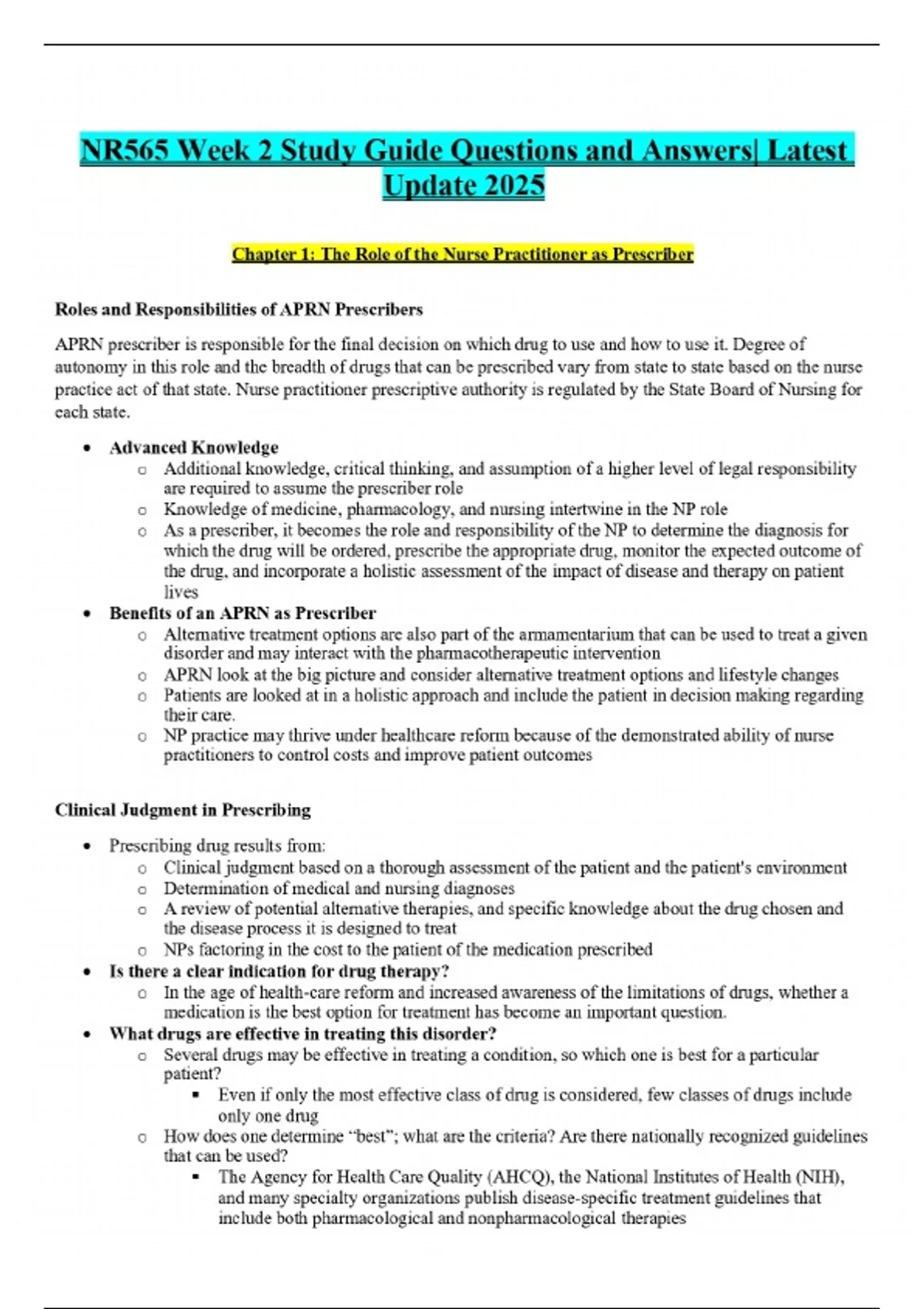 NR565 Week 2 Study Guide Questions and Answers| Latest Update 2025 - NR ...