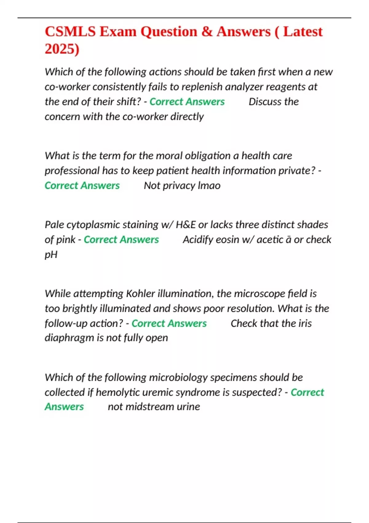 CSMLS Exam Question & Answers ( Latest 2025).docx - Florida Civic ...