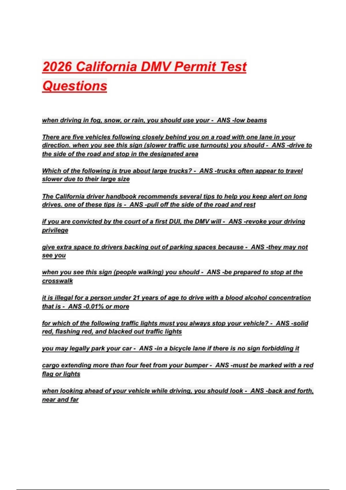 2026 California DMV Permit Test Questions with correct Answers 2025/ ...