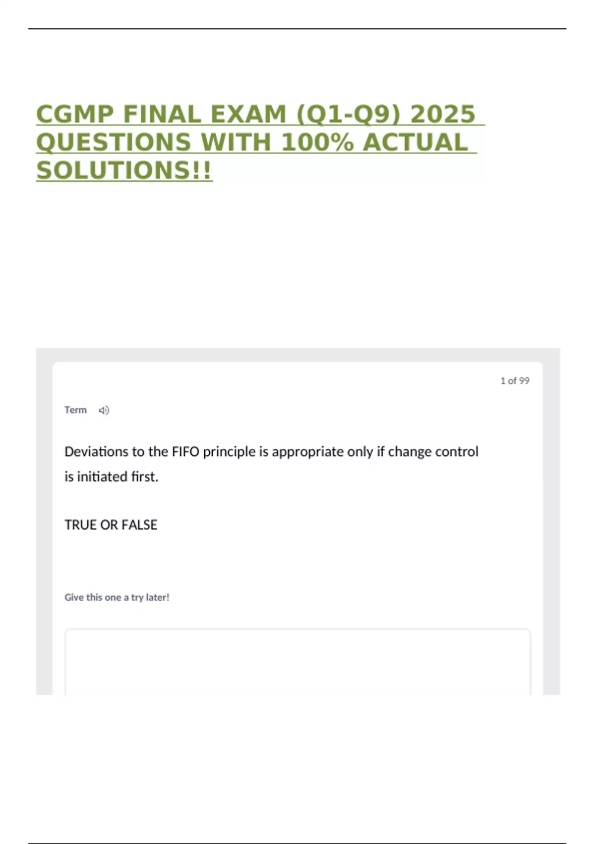 CGMP FINAL EXAM (Q1-Q9) 2025 QUESTIONS WITH 100% ACTUAL SOLUTIONS!! - CGMP - Stuvia US