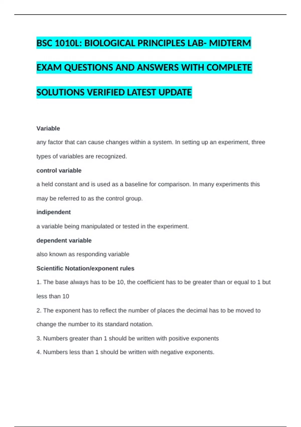 BSC 1010L: BIOLOGICAL PRINCIPLES LAB- MIDTERM EXAM QUESTIONS AND ANSWERS WITH COMPLETE SOLUTIONS ...