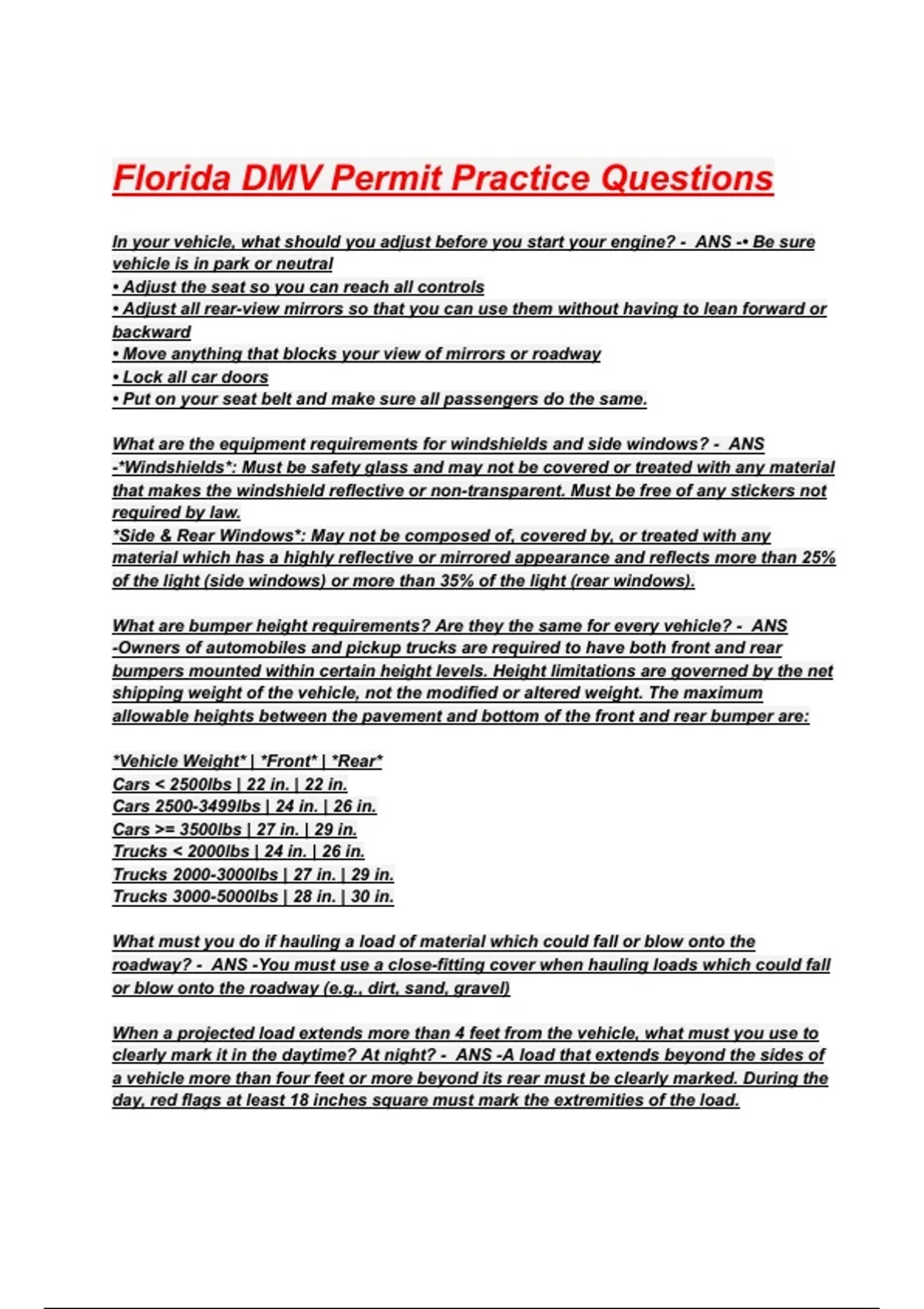 Florida DMV Permit Practice Questions and Answers 2025/2026( A+ GRADED ...