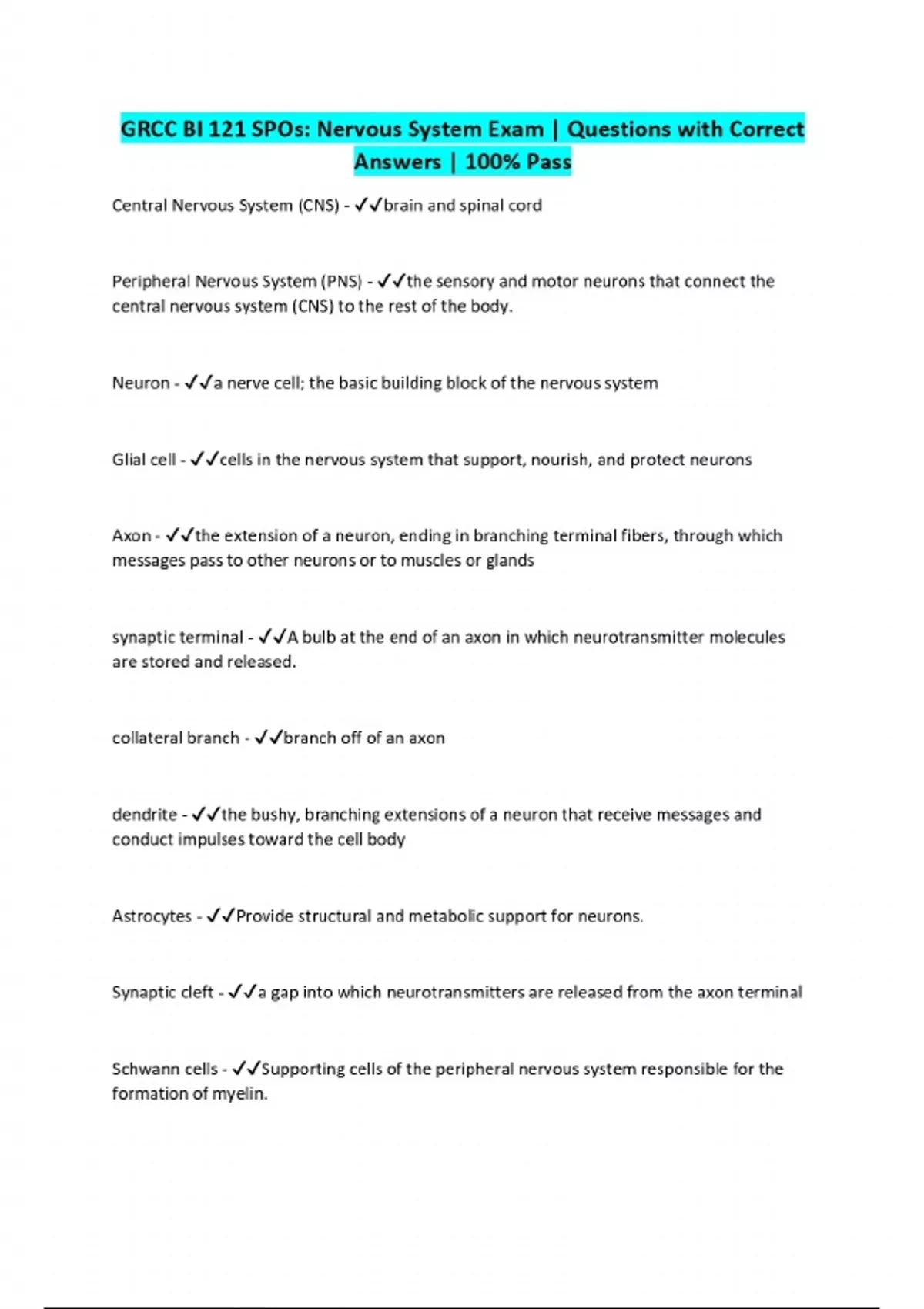 GRCC BI 121 SPOs: Nervous System Exam | Questions with Correct Answers ...