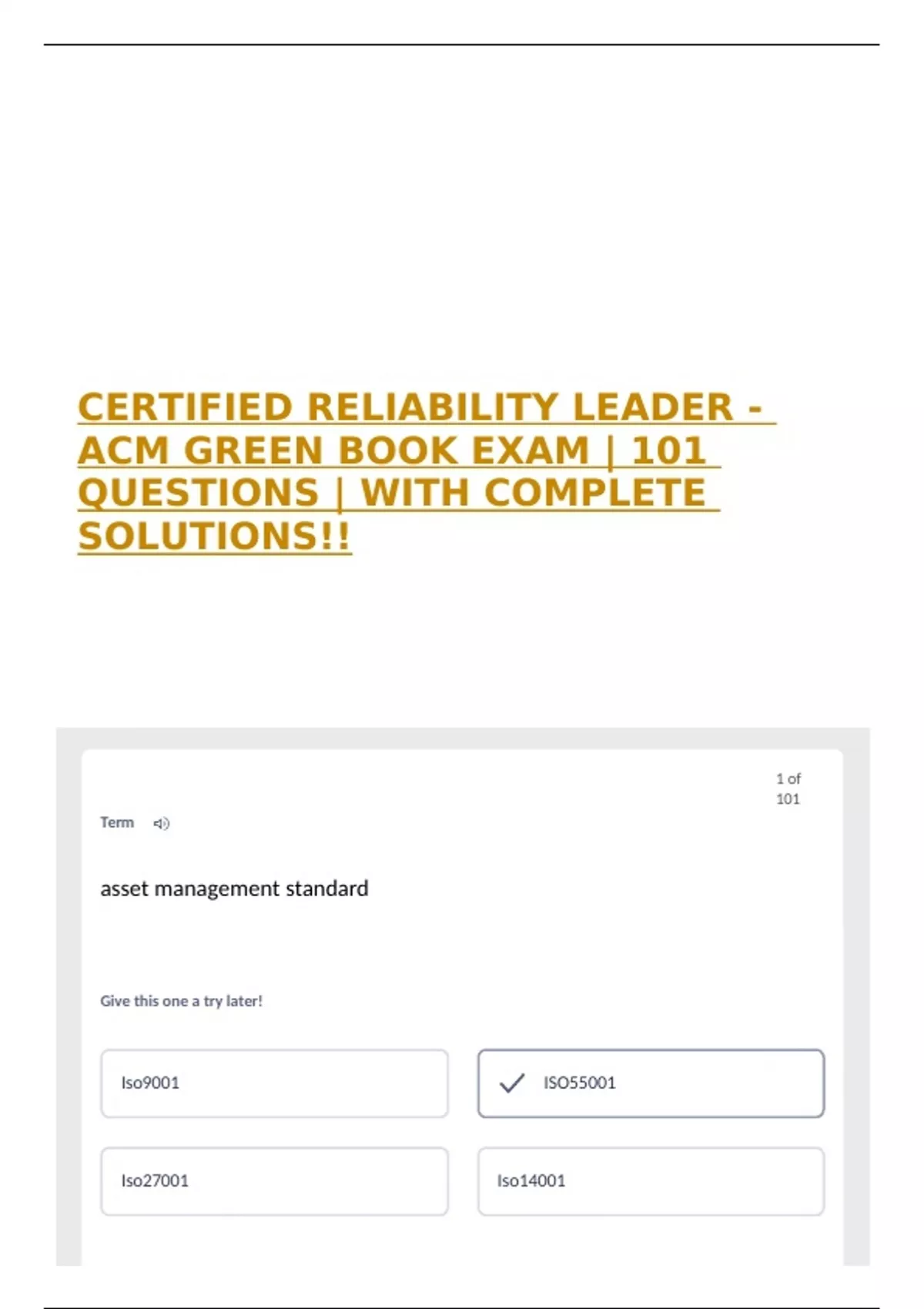 CERTIFIED RELIABILITY LEADER - ACM GREEN BOOK EXAM | 101 QUESTIONS ...