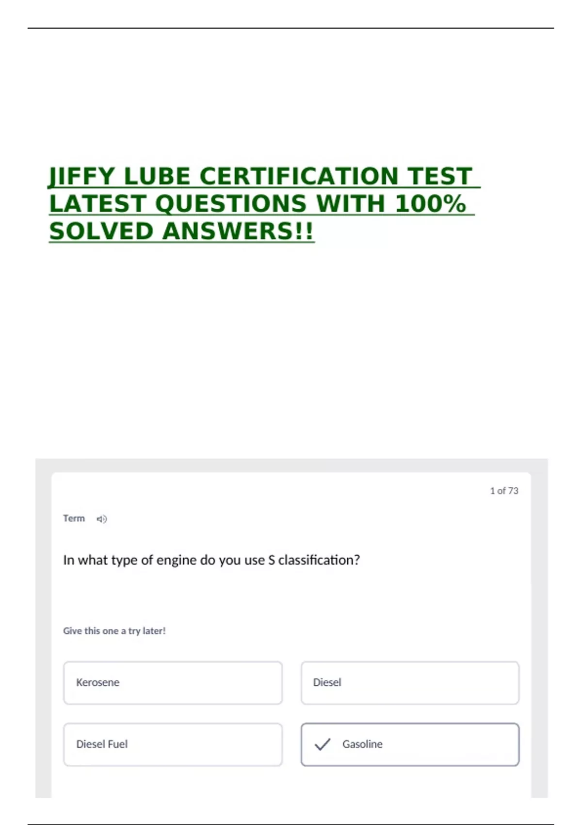 JIFFY LUBE CERTIFICATION TEST LATEST QUESTIONS WITH 100% SOLVED ANSWERS ...