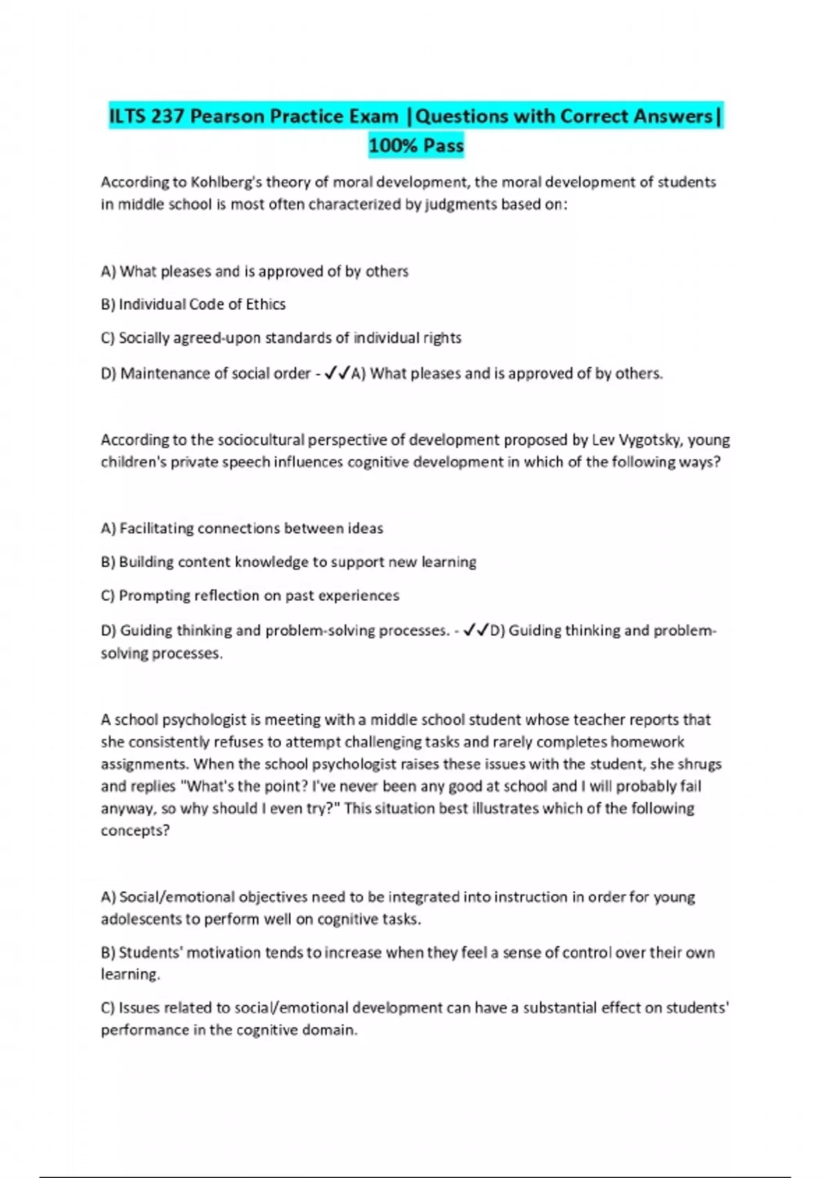 ILTS 237 Pearson Practice Exam |Questions with Correct Answers| 100% ...