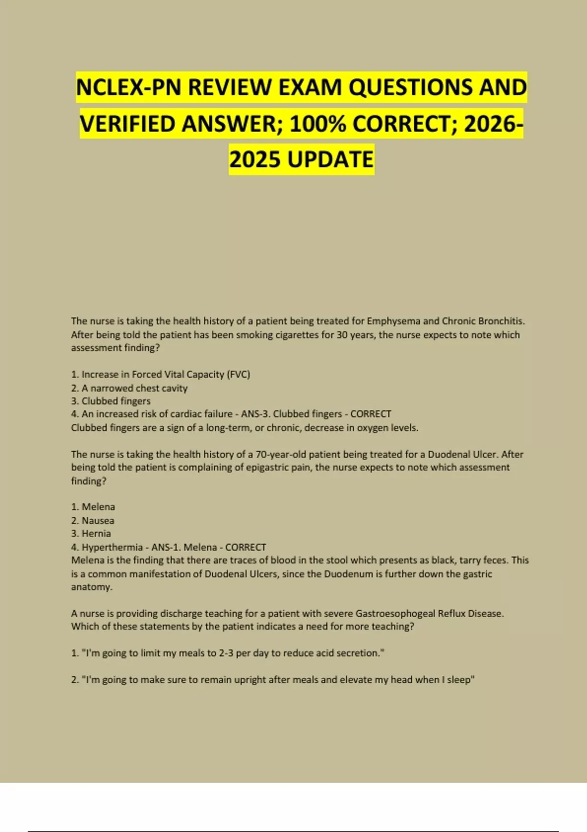 NCLEX-PN REVIEW EXAM QUESTIONS AND VERIFIED ANSWER; 100% CORRECT ...