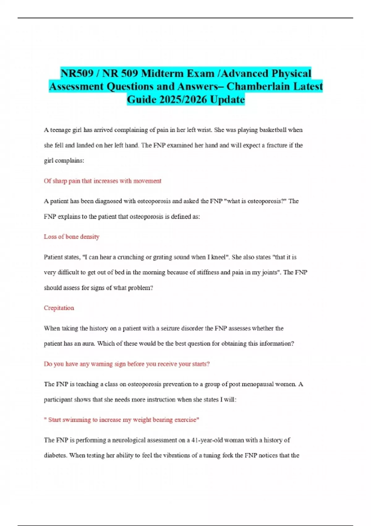 NR509 / NR 509 Midterm Exam /Advanced Physical Assessment Questions and Answers– Chamberlain ...