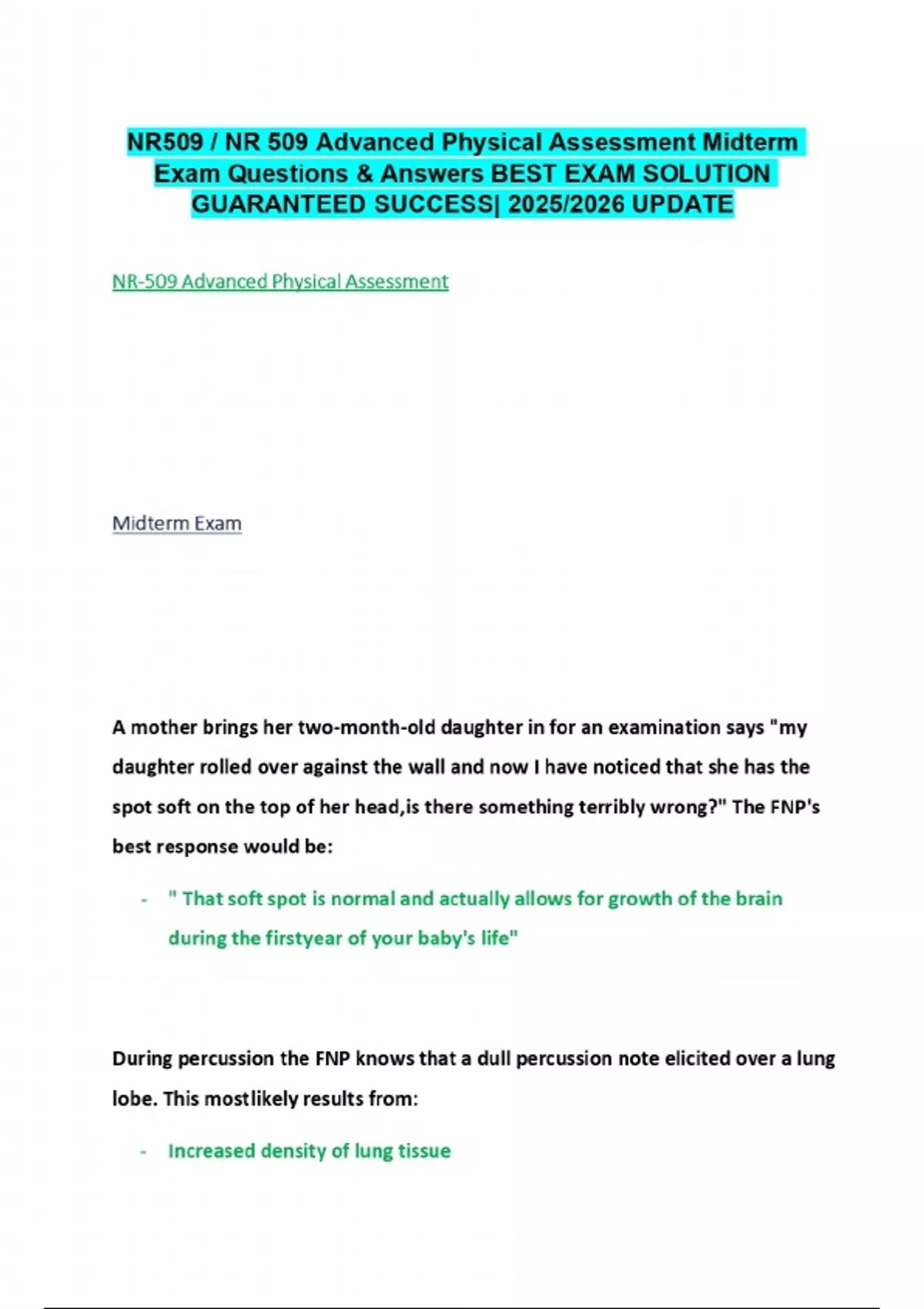 NR509 / NR 509 Advanced Physical Assessment Midterm Exam Questions & Answers BEST EXAM SOLUTION ...