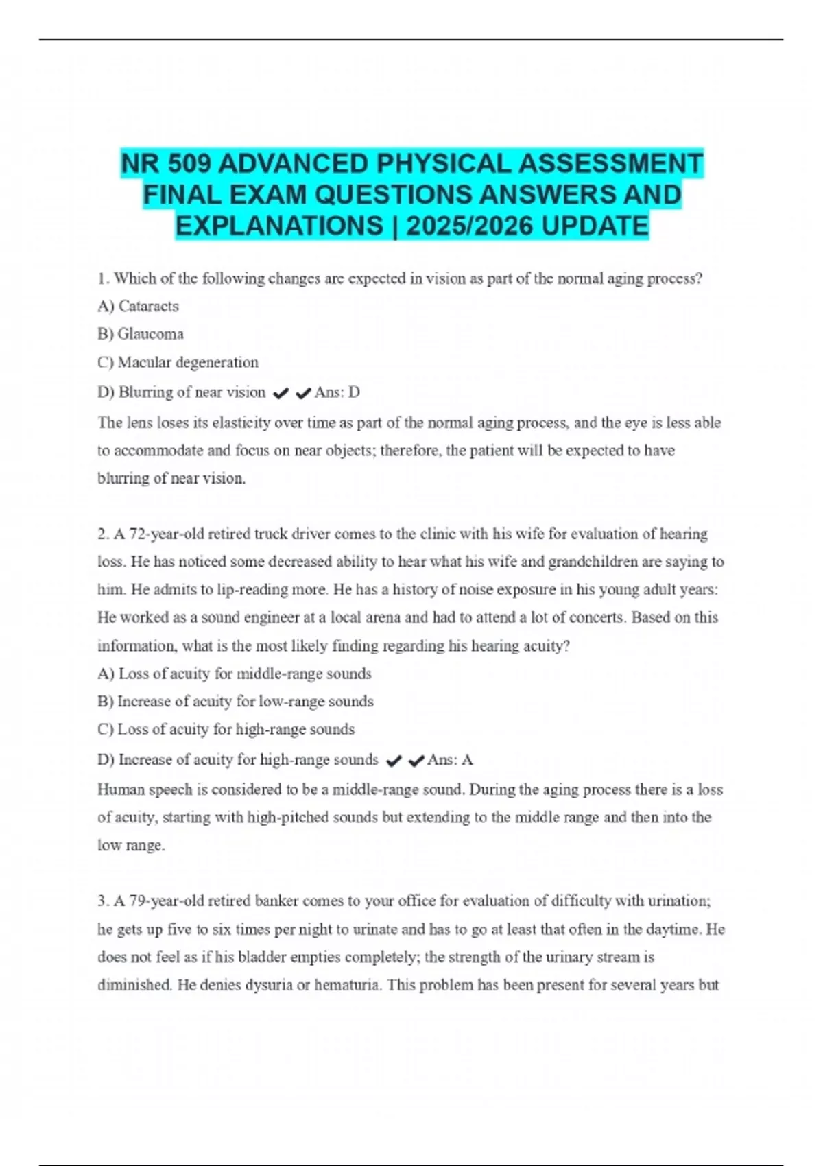 NR 509 ADVANCED PHYSICAL ASSESSMENT FINAL EXAM QUESTIONS ANSWERS AND ...