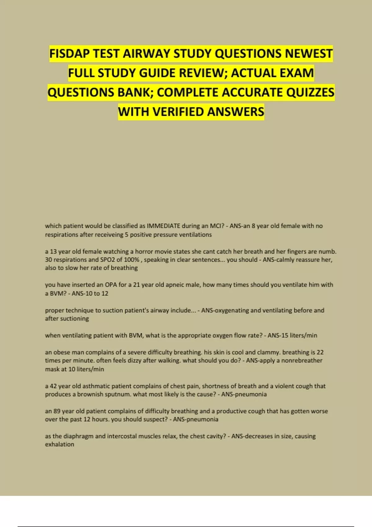 FISDAP TEST AIRWAY STUDY QUESTIONS NEWEST FULL STUDY GUIDE REVIEW ...