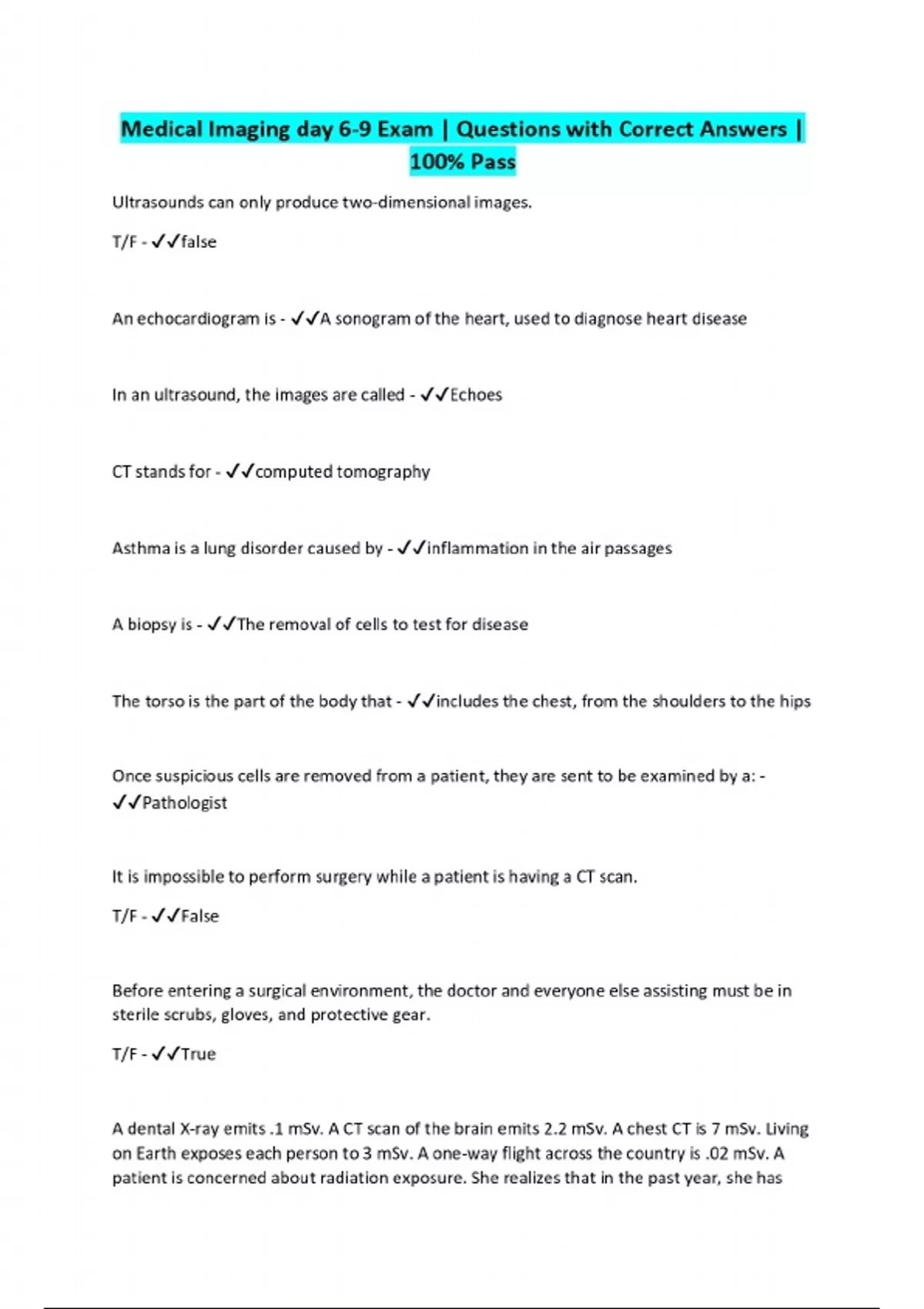 Medical Imaging day 6-9 Exam | Questions with Correct Answers | 100% ...