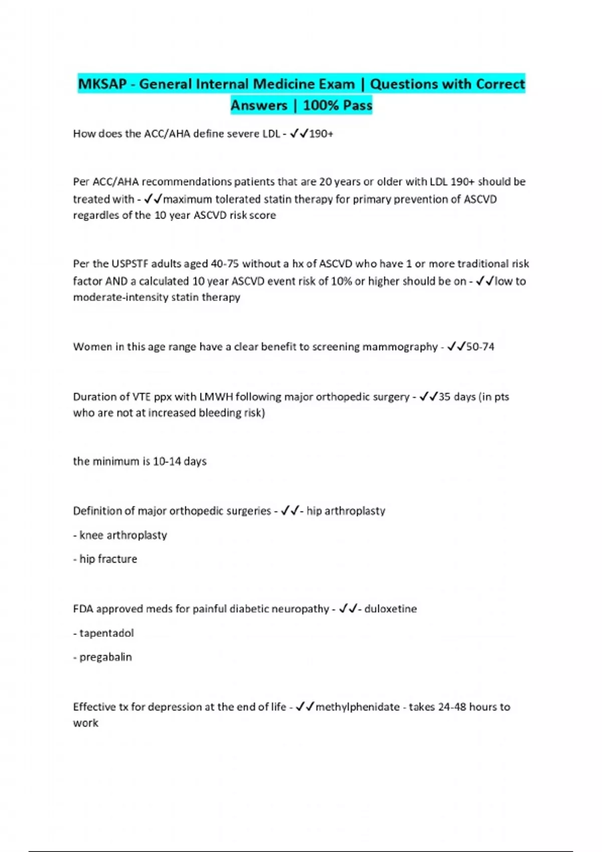 MKSAP - General Internal Medicine Exam | Questions with Correct Answers ...