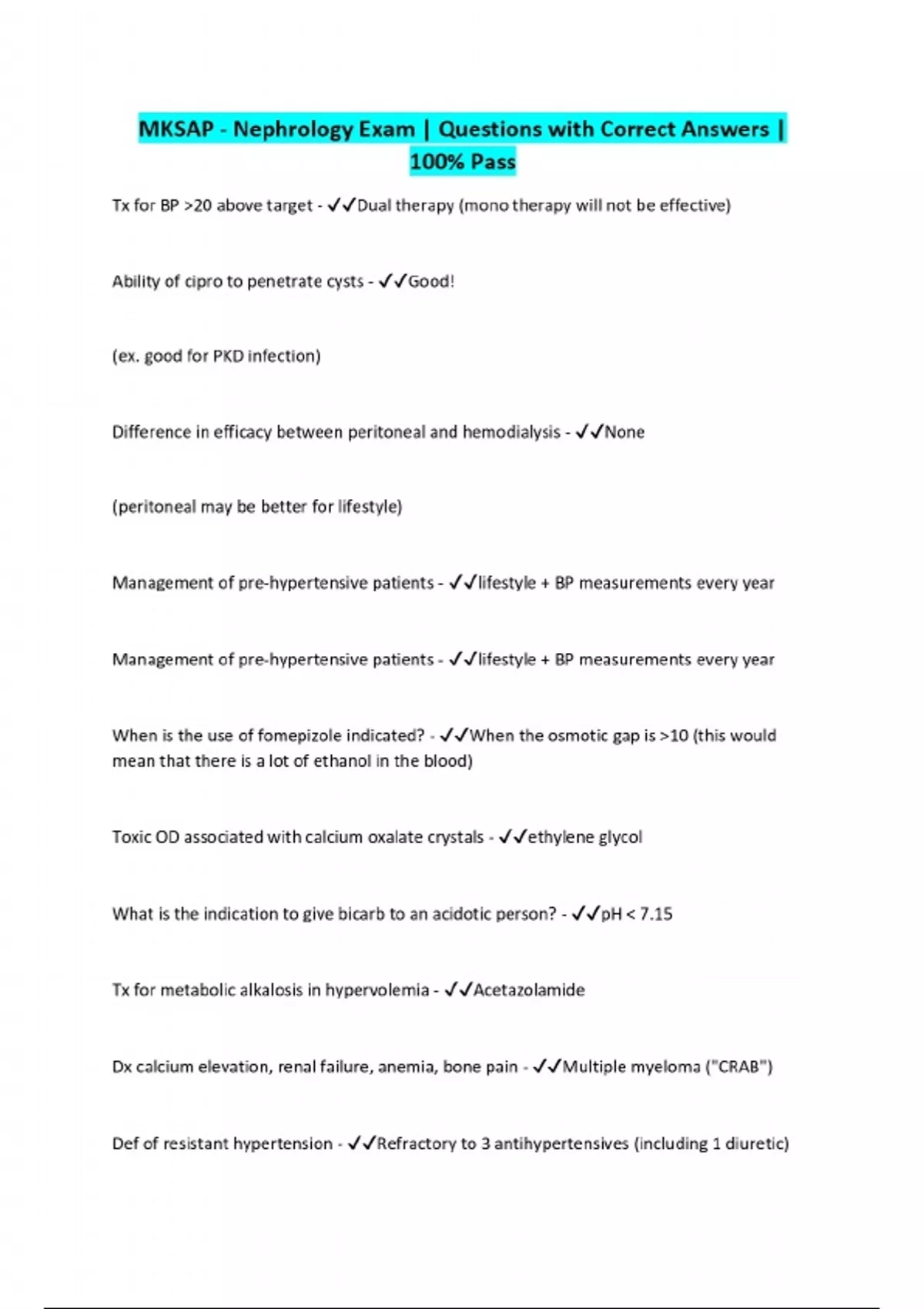 MKSAP - Nephrology Exam | Questions with Correct Answers | 100% Pass ...