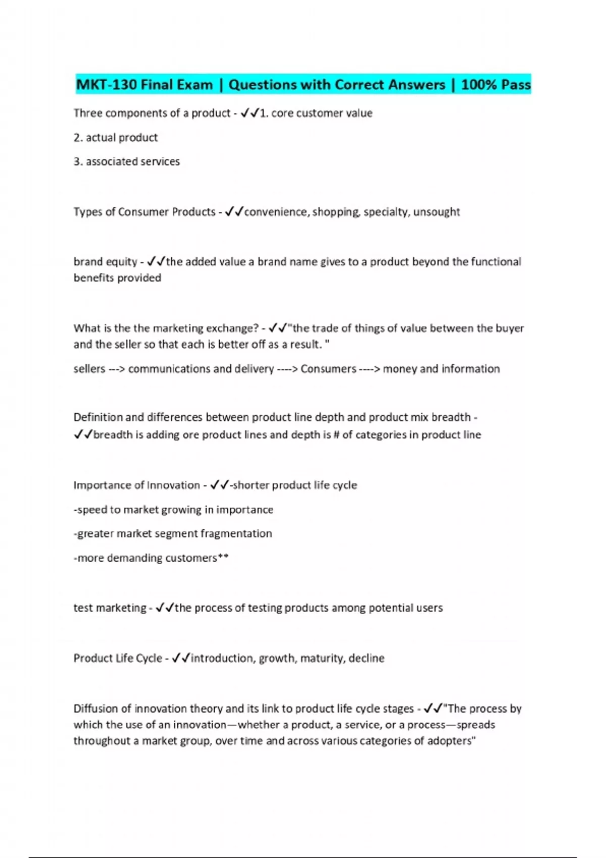 MKT-130 Final Exam | Questions with Correct Answers | 100% Pass - MKT-130 - Stuvia US