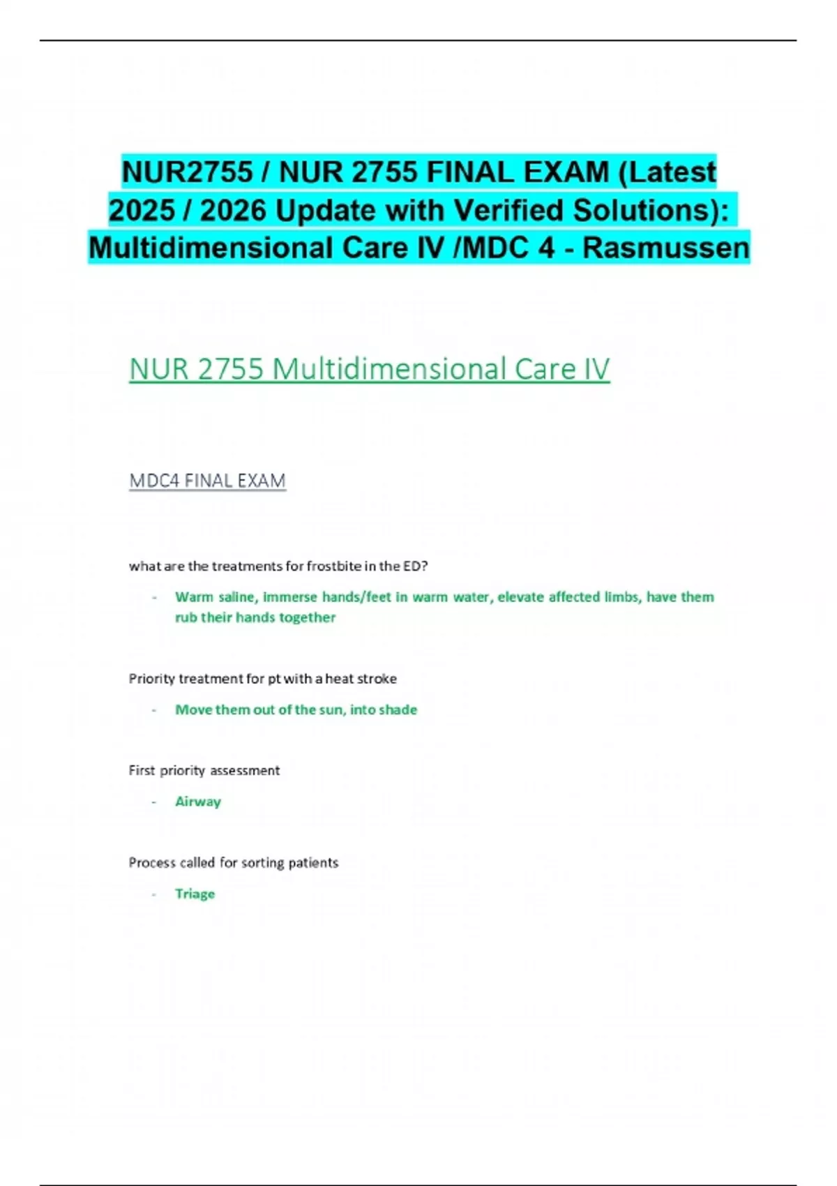 NUR2755 / NUR 2755 FINAL EXAM (Latest 2025 / 2026 Update with Verified ...