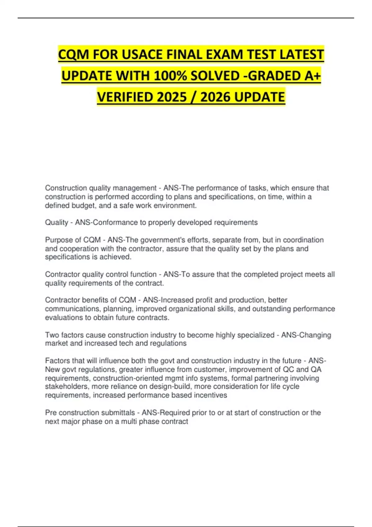 CQM FOR USACE FINAL EXAM TEST LATEST UPDATE WITH 100% SOLVED -GRADED A+ ...