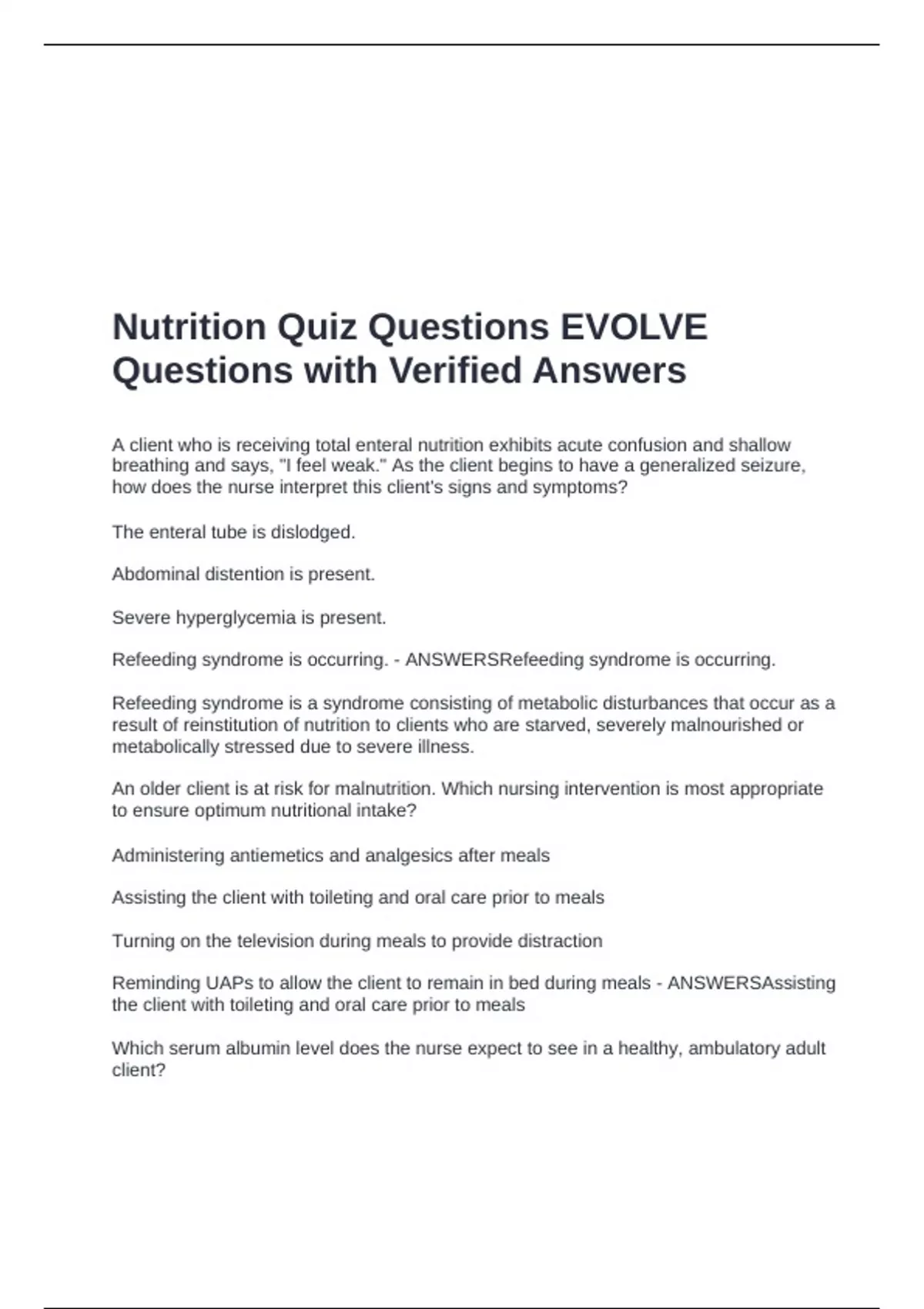 Nutrition Quiz Questions EVOLVE Questions with Verified Answers ...