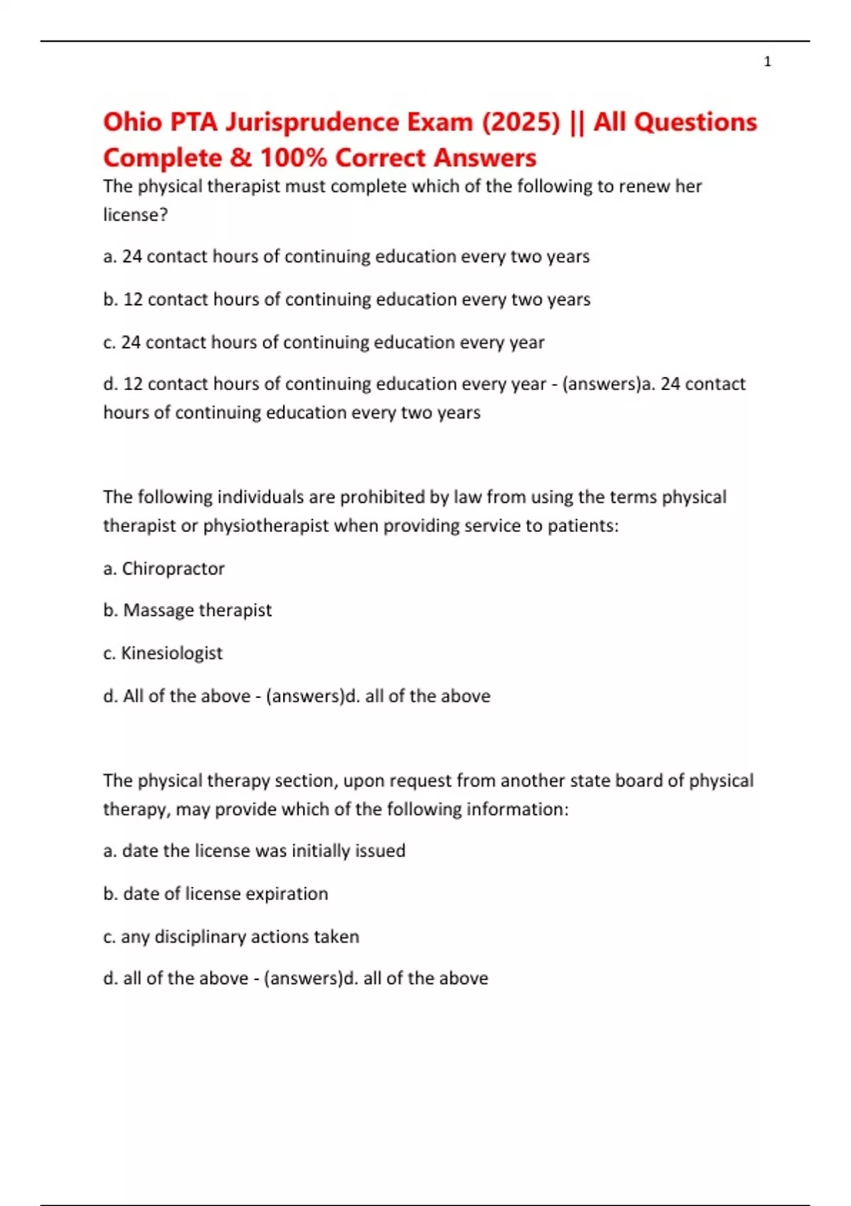Ohio PTA Jurisprudence Exam (2025) || All Questions Complete & 100% ...