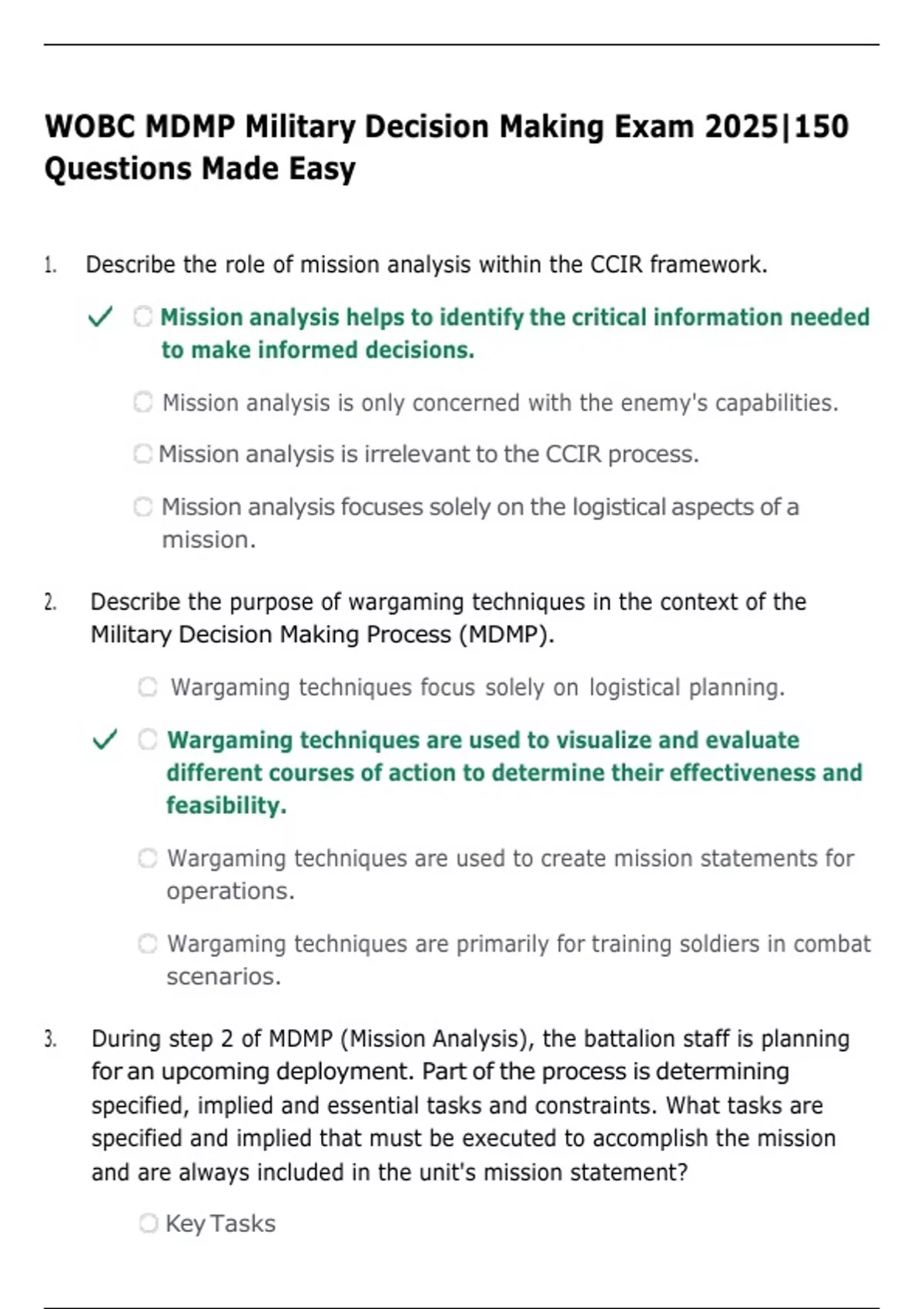 WOBC MDMP Military Decision Making Exam 2025|150 Questions Made Easy ...