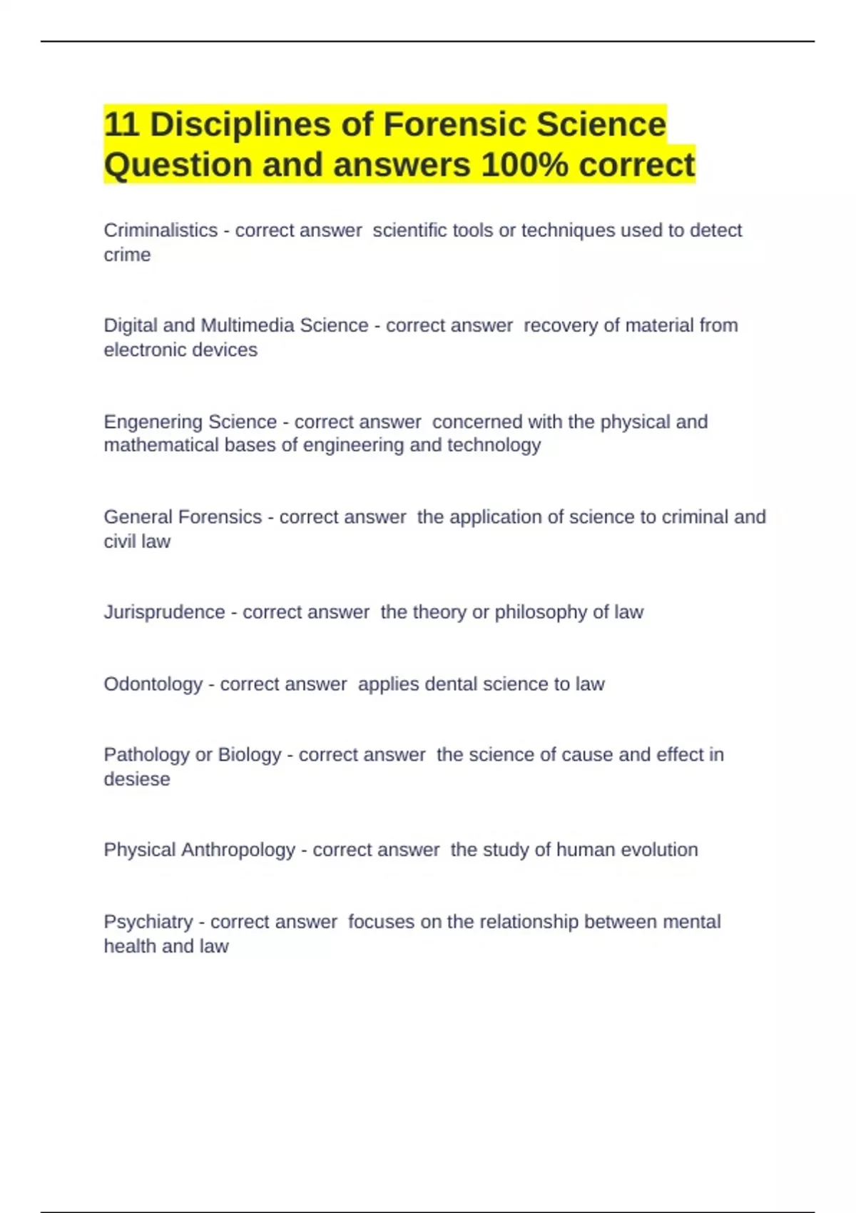 11 Disciplines of Forensic Science Question and answers 100% correct ...