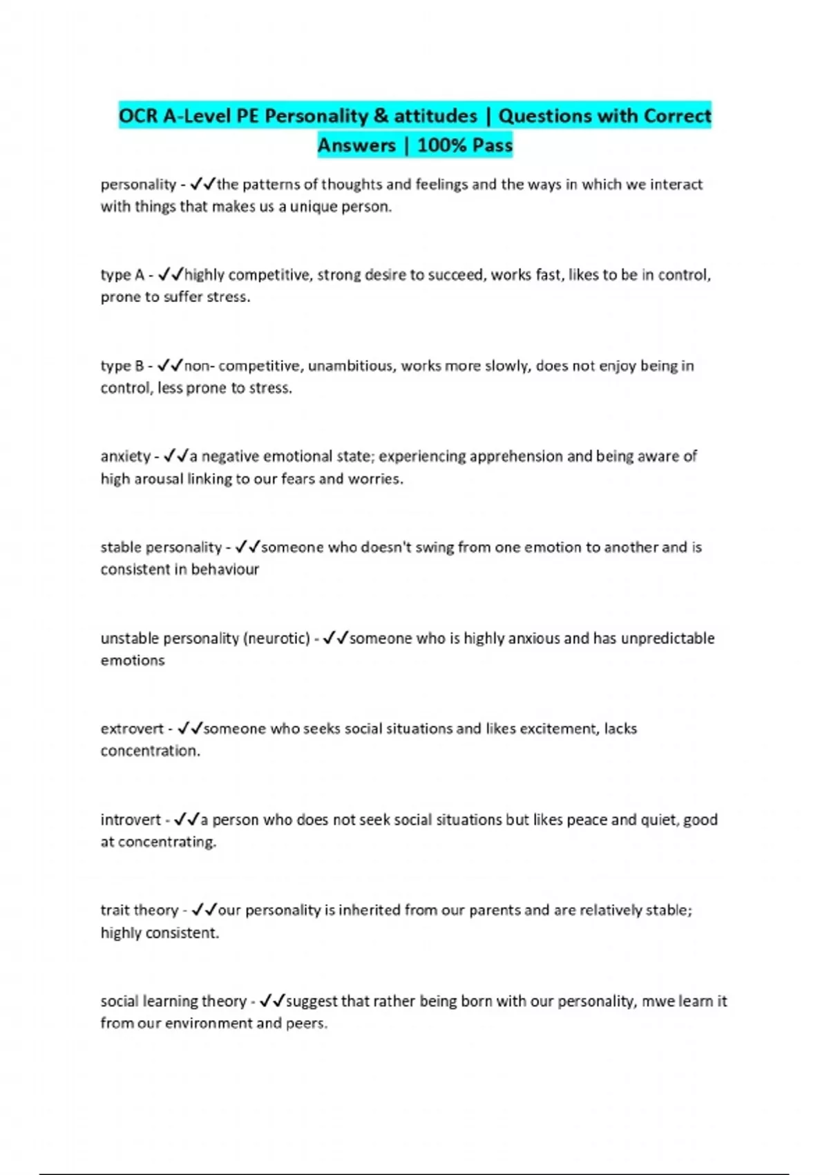 OCR A-Level PE Personality & attitudes | Questions with Correct Answers ...