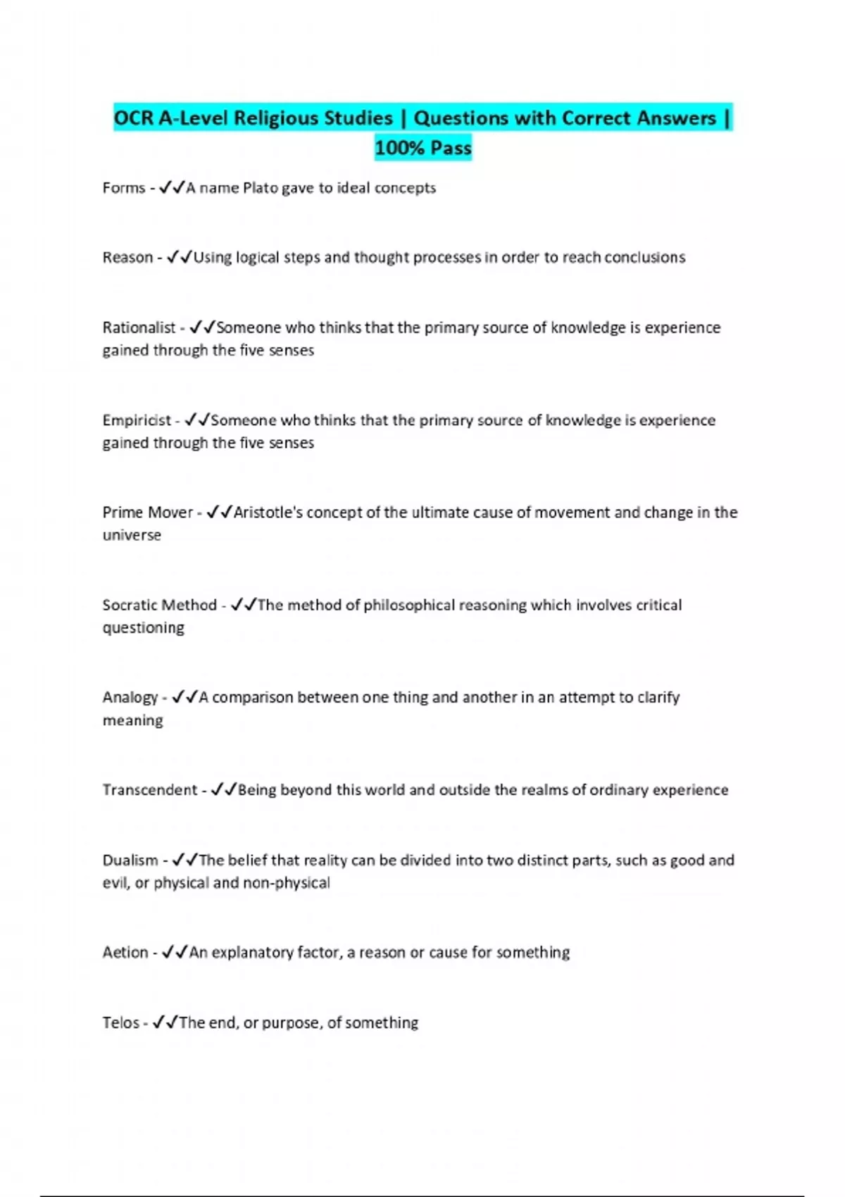 OCR A-Level Religious Studies | Questions with Correct Answers | 100% ...