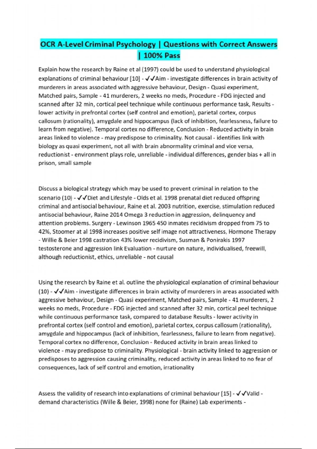 OCR A-Level Criminal Psychology | Questions with Correct Answers | 100% ...