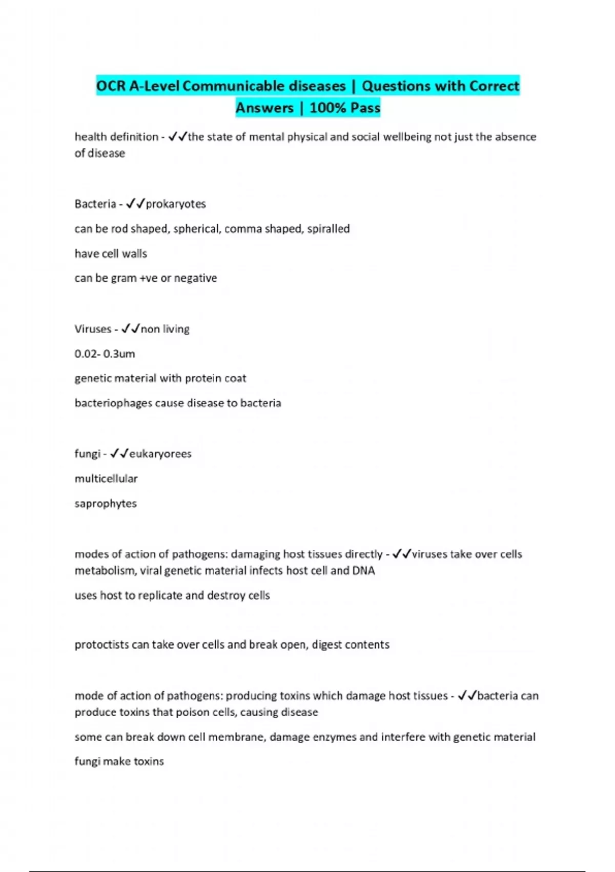 OCR A-Level Communicable diseases | Questions with Correct Answers ...