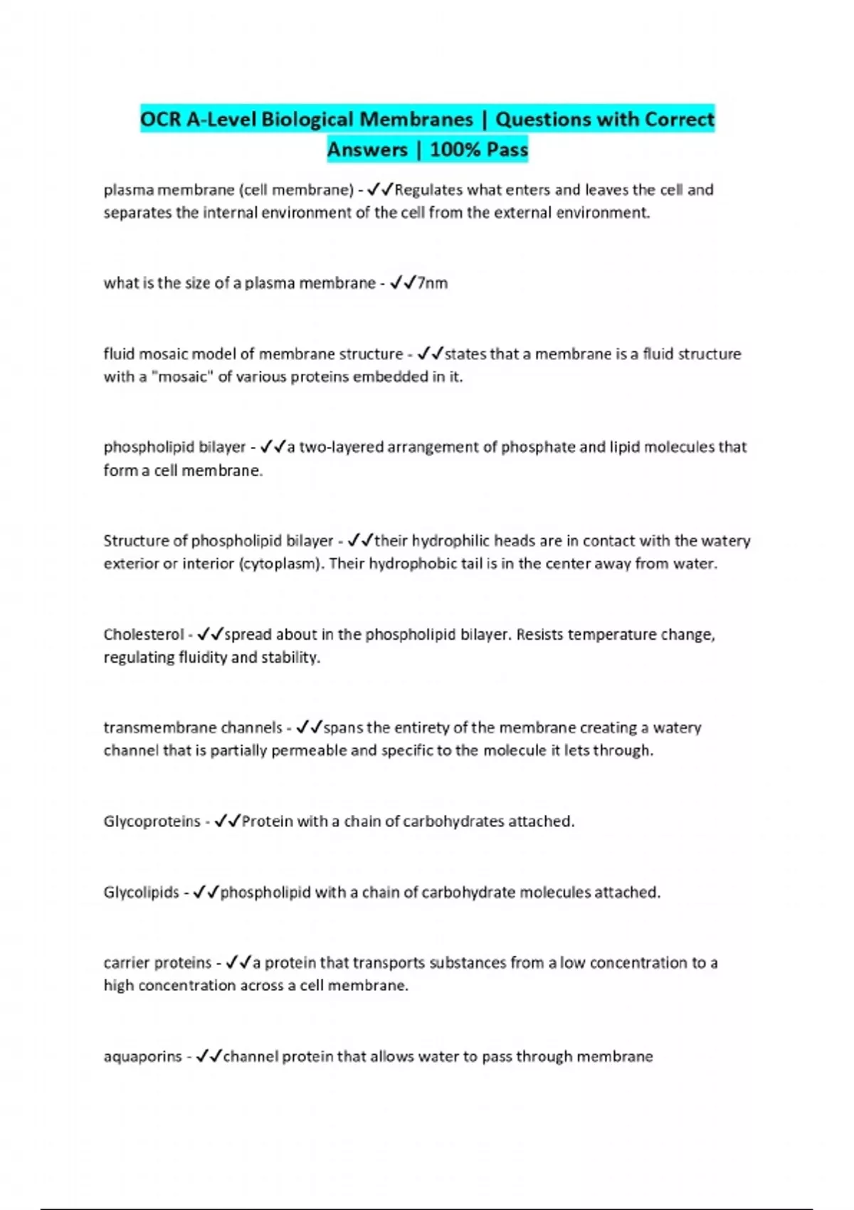 OCR A-Level Biological Membranes | Questions with Correct Answers | 100 ...