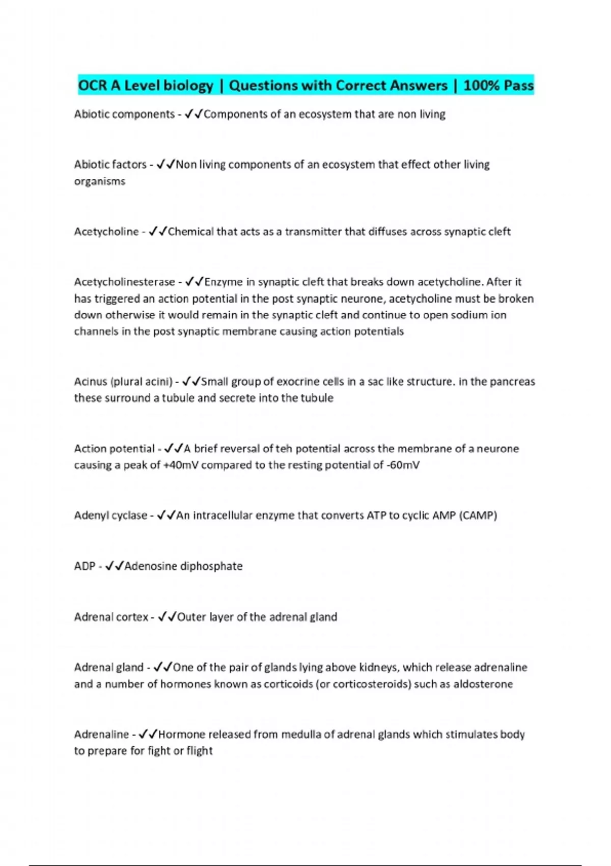 OCR A Level biology | Questions with Correct Answers | 100% Pass - OCR ...