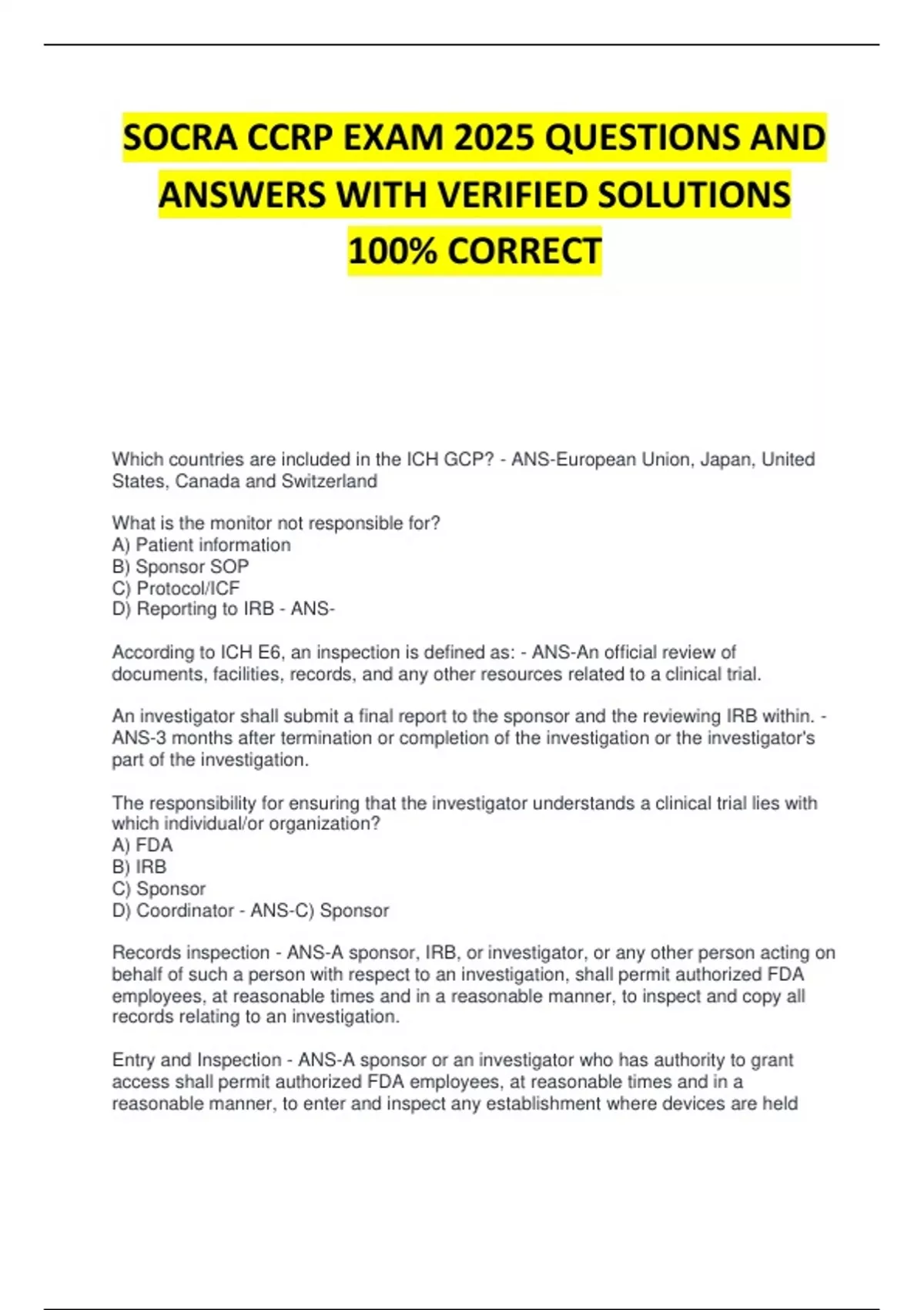 SOCRA CCRP EXAM 2025 QUESTIONS AND ANSWERS WITH VERIFIED SOLUTIONS 100% ...