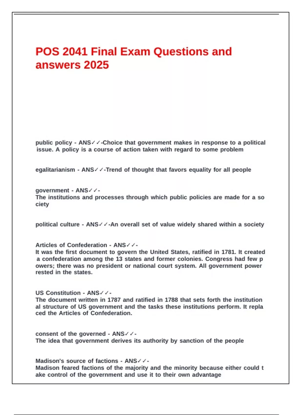 POS 2041 Final Exam Questions and answers 2025. - POS 2041 - Stuvia US