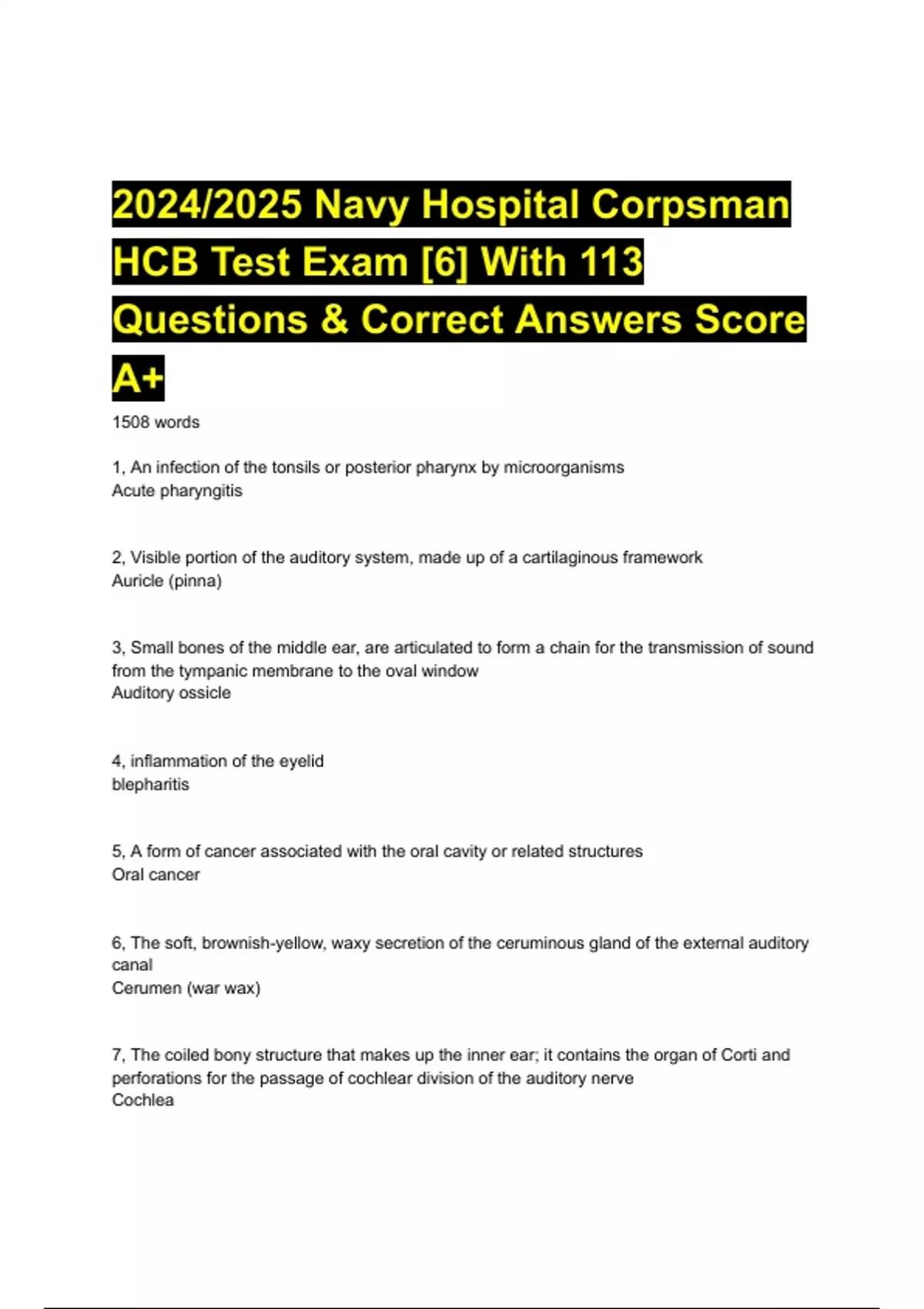 2024/2025 Navy Hospital Corpsman HCB Test Exam [6] With 113 Questions ...