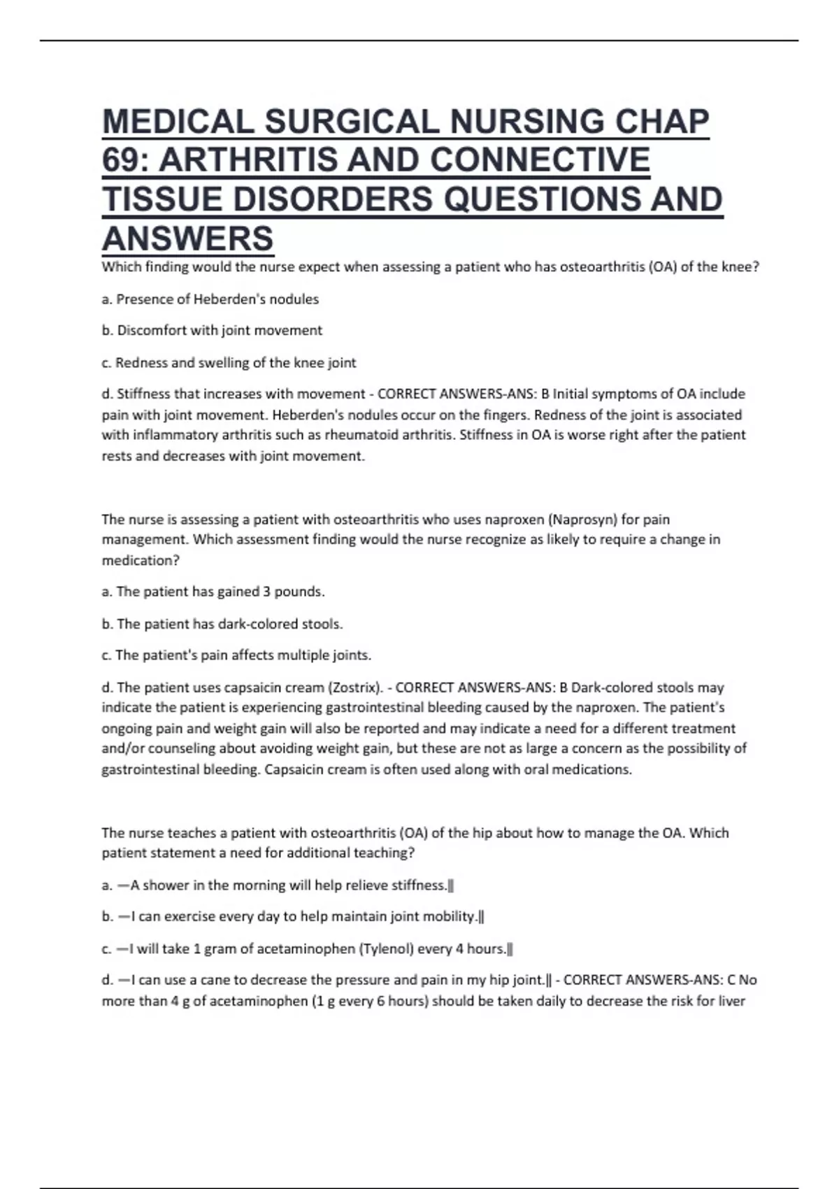MEDICAL SURGICAL NURSING CHAP 69: ARTHRITIS AND CONNECTIVE TISSUE ...