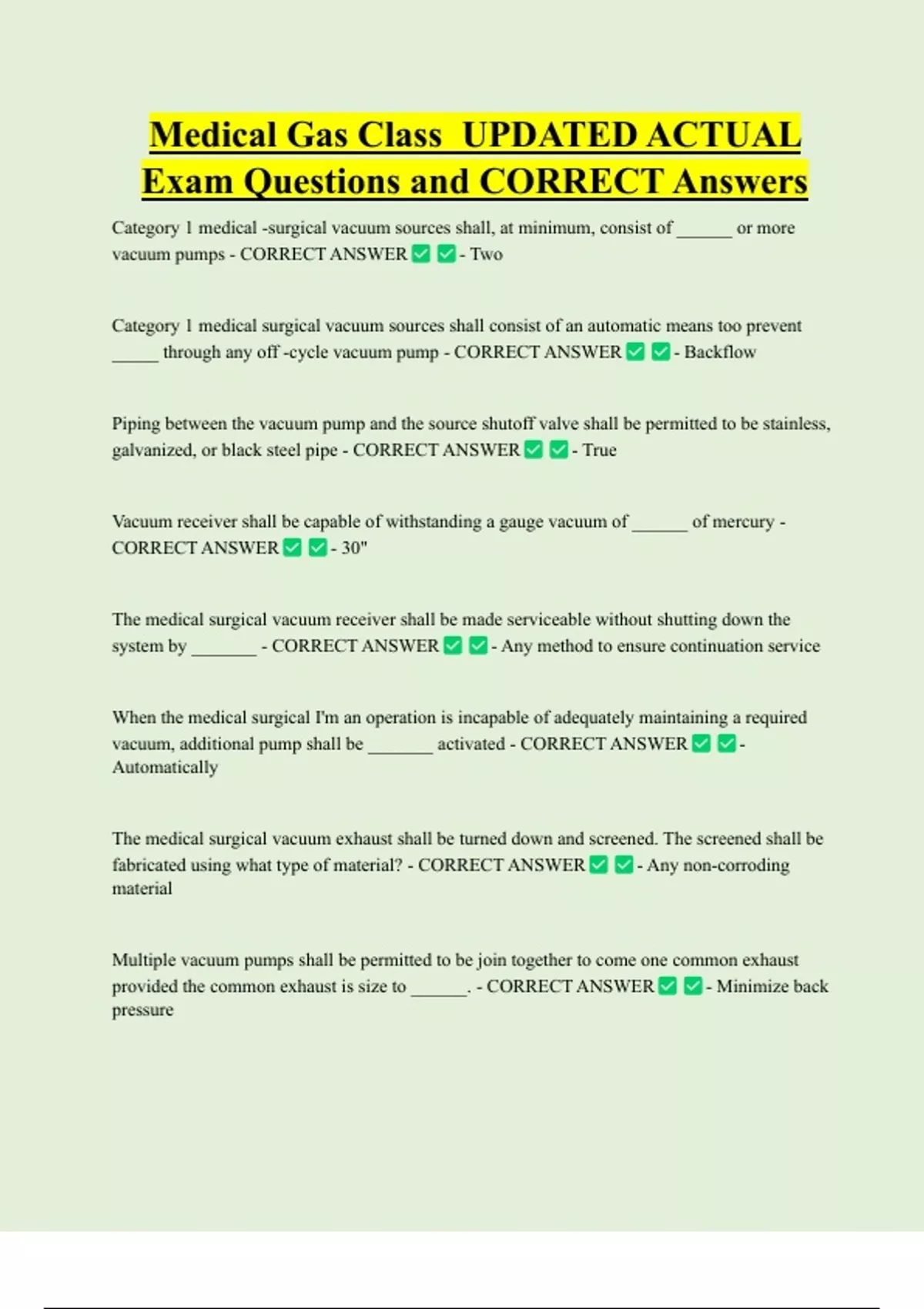 Medical Gas Class UPDATED ACTUAL Exam Questions and CORRECT Answers ...