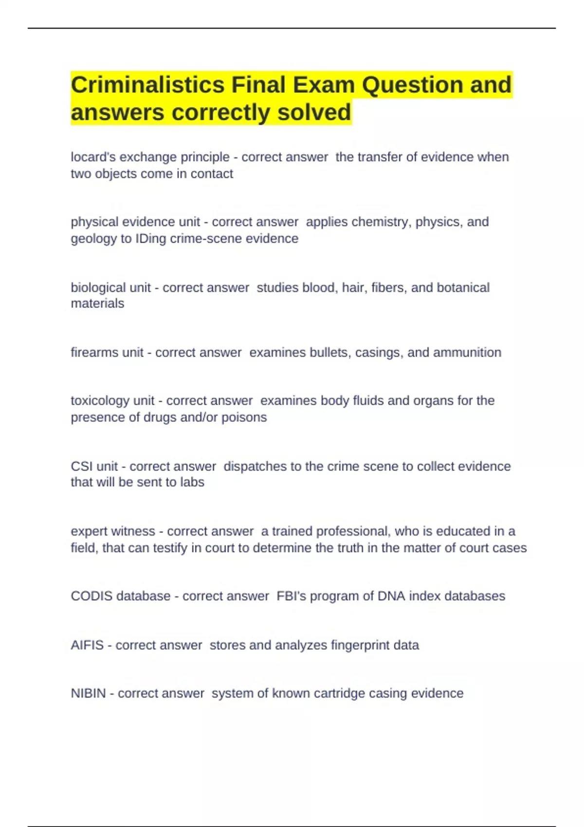 Criminalistics Final Exam Question and answers correctly solved ...
