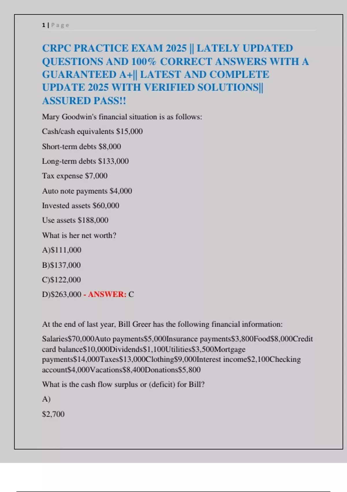 CRPC PRACTICE EXAM 2025 || LATELY UPDATED QUESTIONS AND 100% CORRECT ANSWERS WITH A GUARANTEED ...