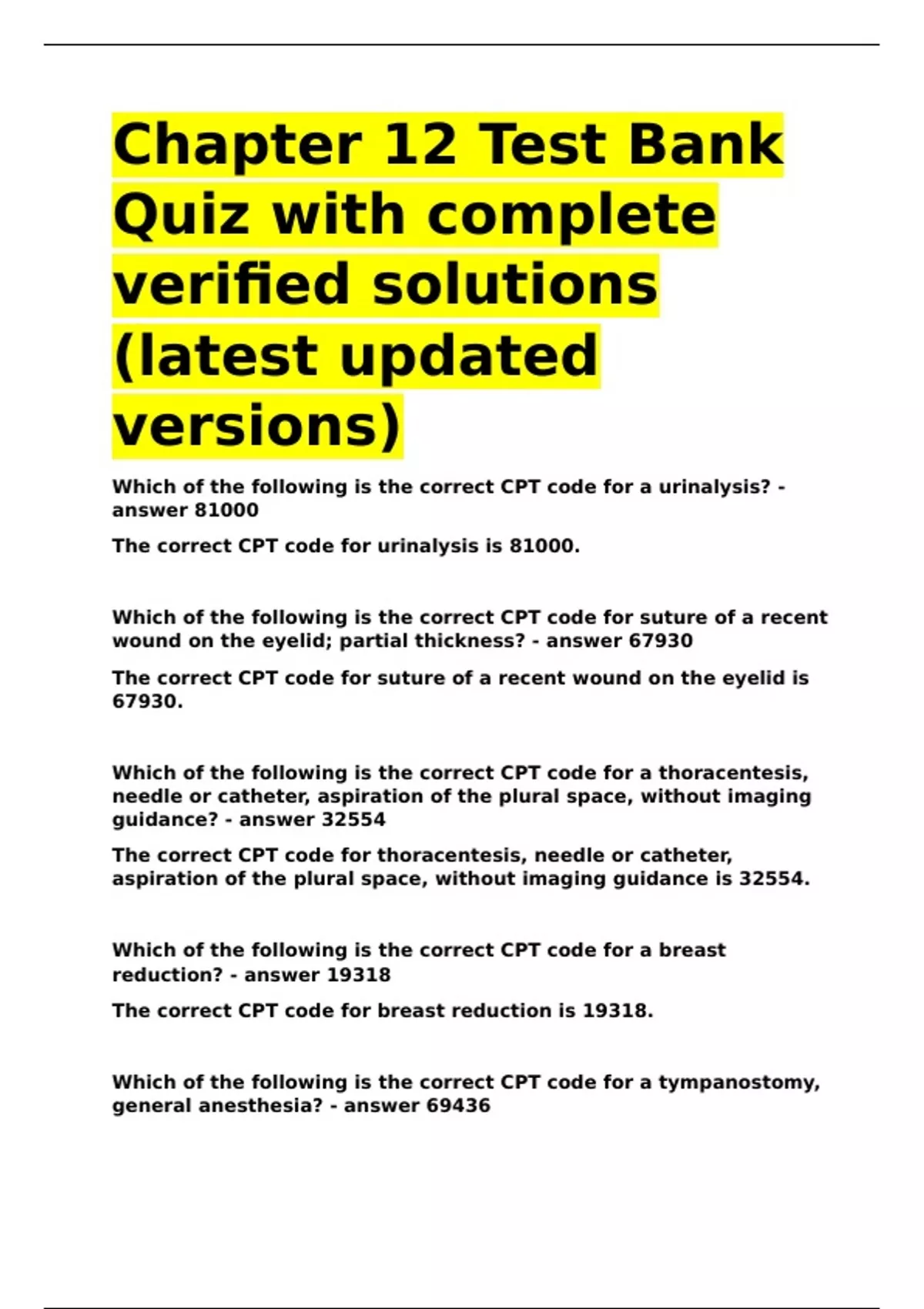 Chapter 12 Test Bank Quiz with complete verified solutions (latest ...