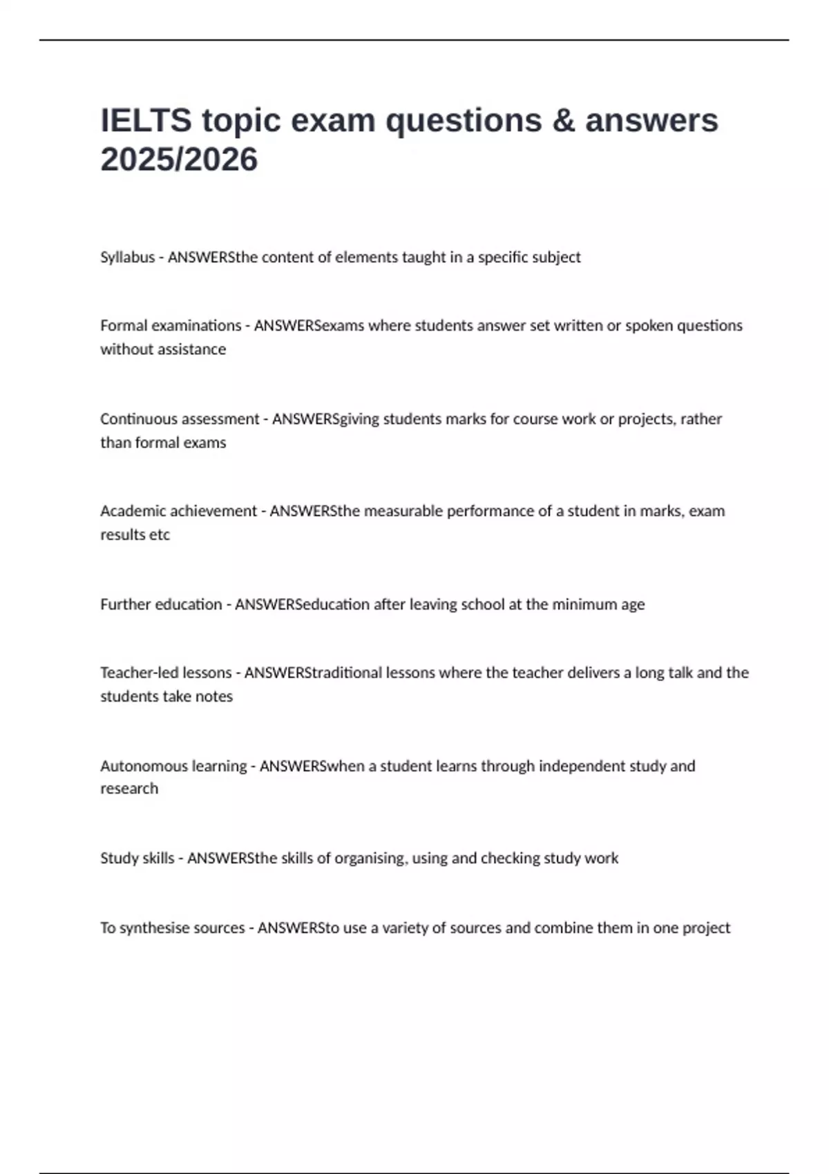 IELTS topic exam questions & answers 2025/2026 - IELTS topic - Stuvia US